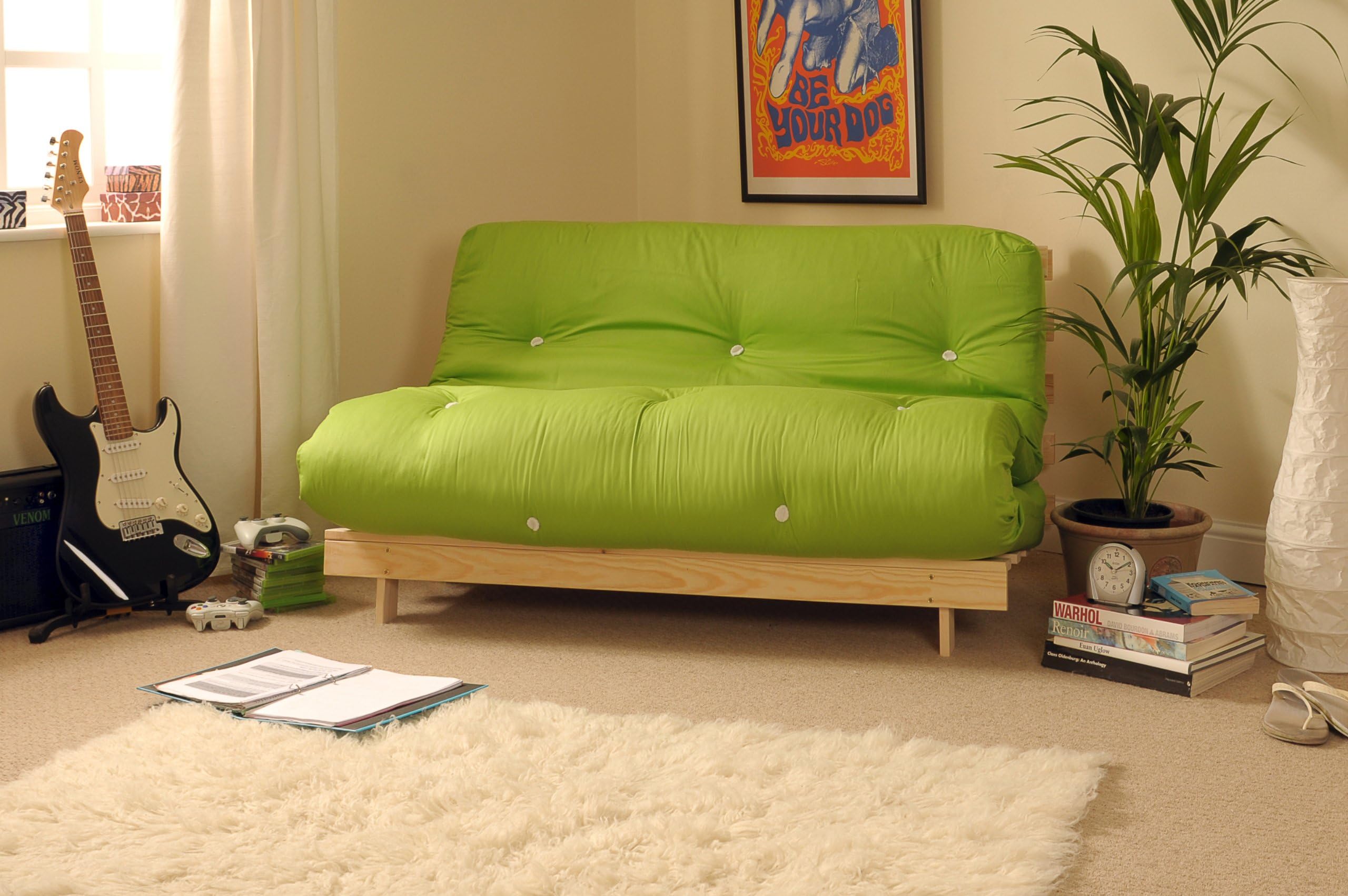 Comfy Living 4ft Small Double 120cm Wooden Futon Set with LIME GREEN ...