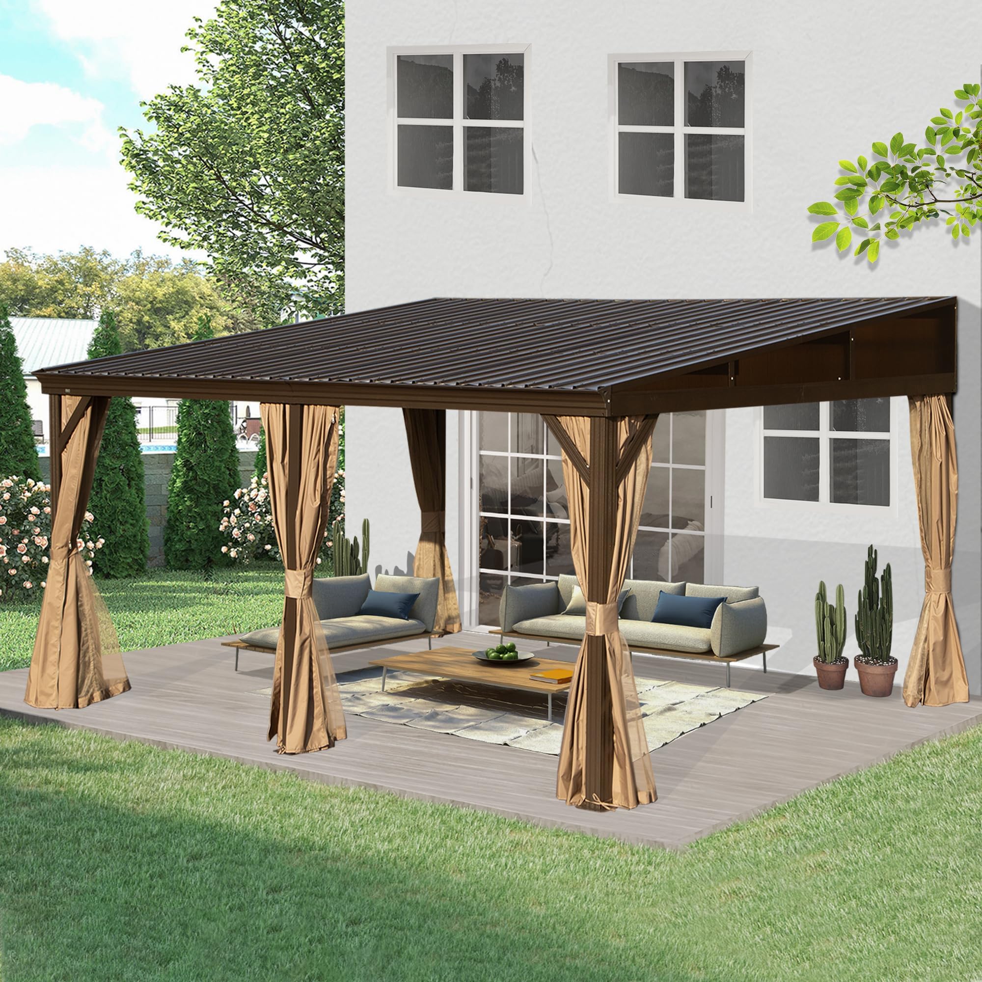 Domi 12x16FT Lean to Gazebo, Hardtop Wall Mounted Gazebo with Sloping ...