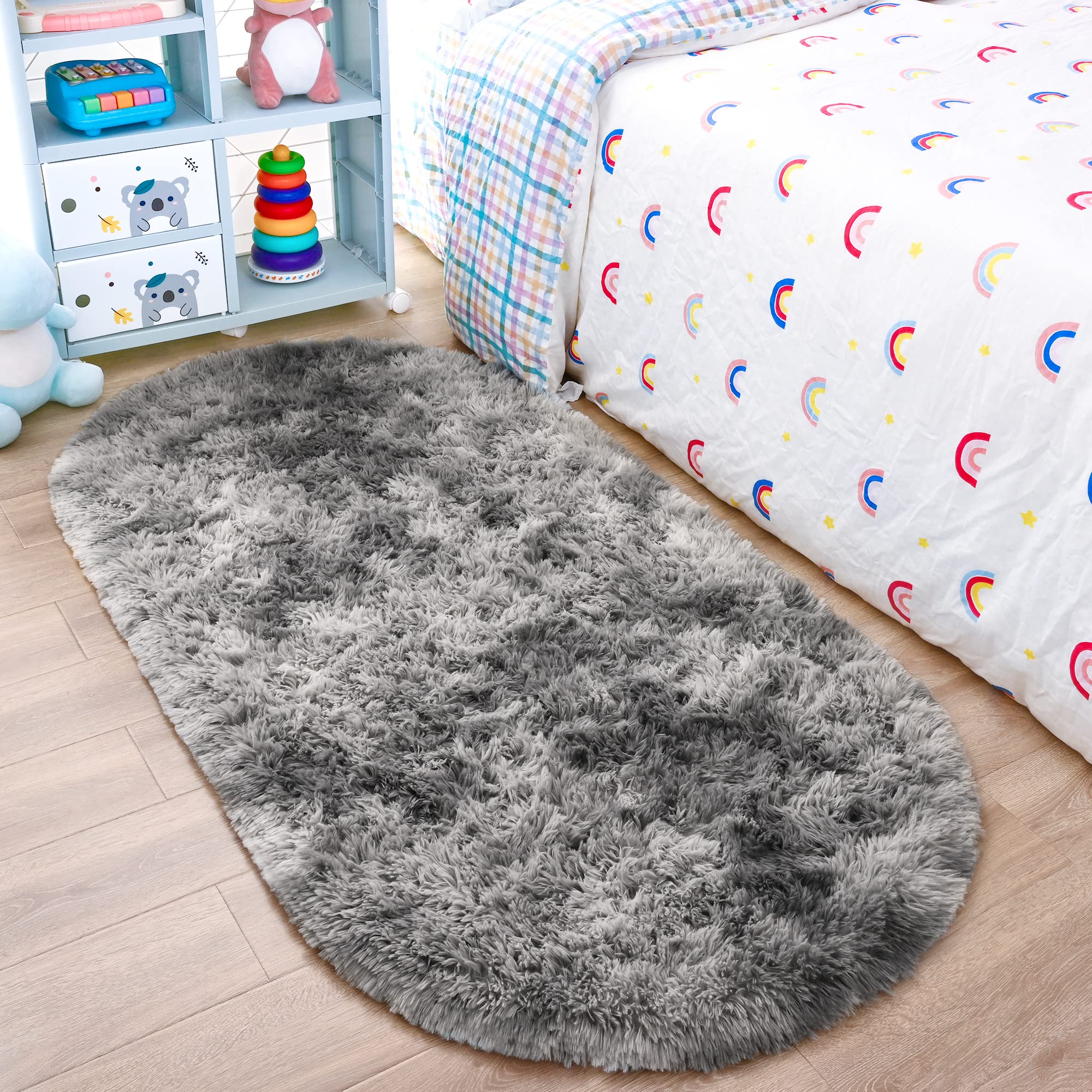 Noahas Oval Fluffy Grey Rainbow Rug 2.6X5.3 Small Kids Rugs for Bedroom ...