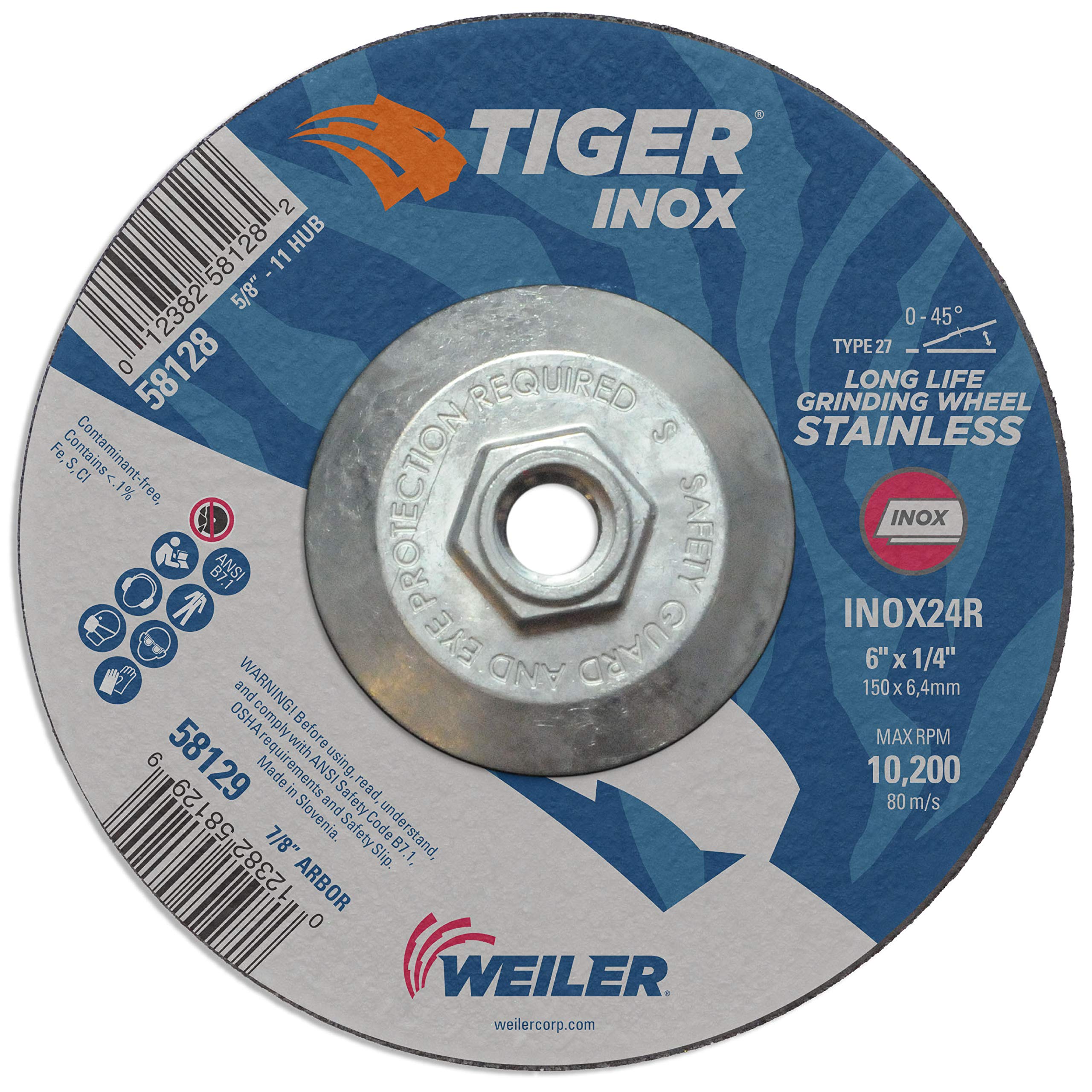 Snapklik.com : Weiler 58128 6" X 1/4" Tiger INOX Type 27 Grinding Wheel ...