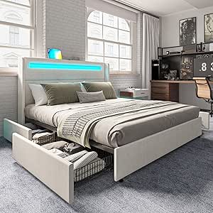 Amazon.com: AMERLIFE Full Bed Frame with RGBW LED Lights Headboard & 4 ...