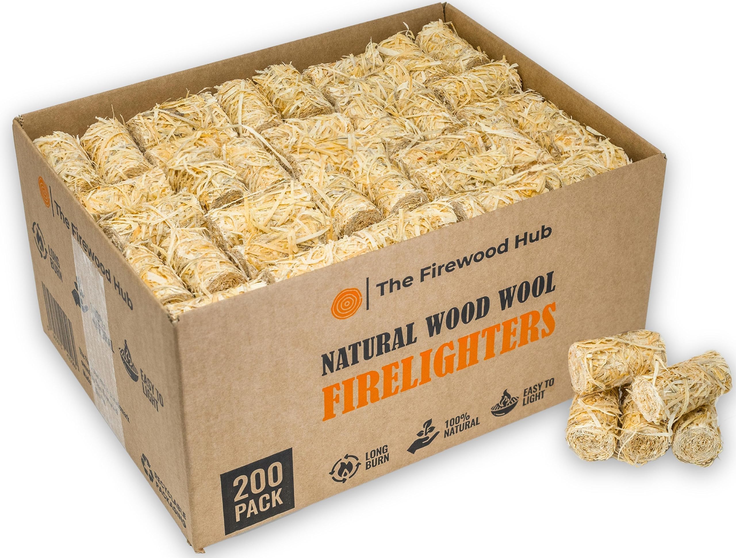 VOYTO Box of 200 Natural Firelighters for BBQ, Pizza Oven, Wood & Log Burner - Wood Wool & Wax ...