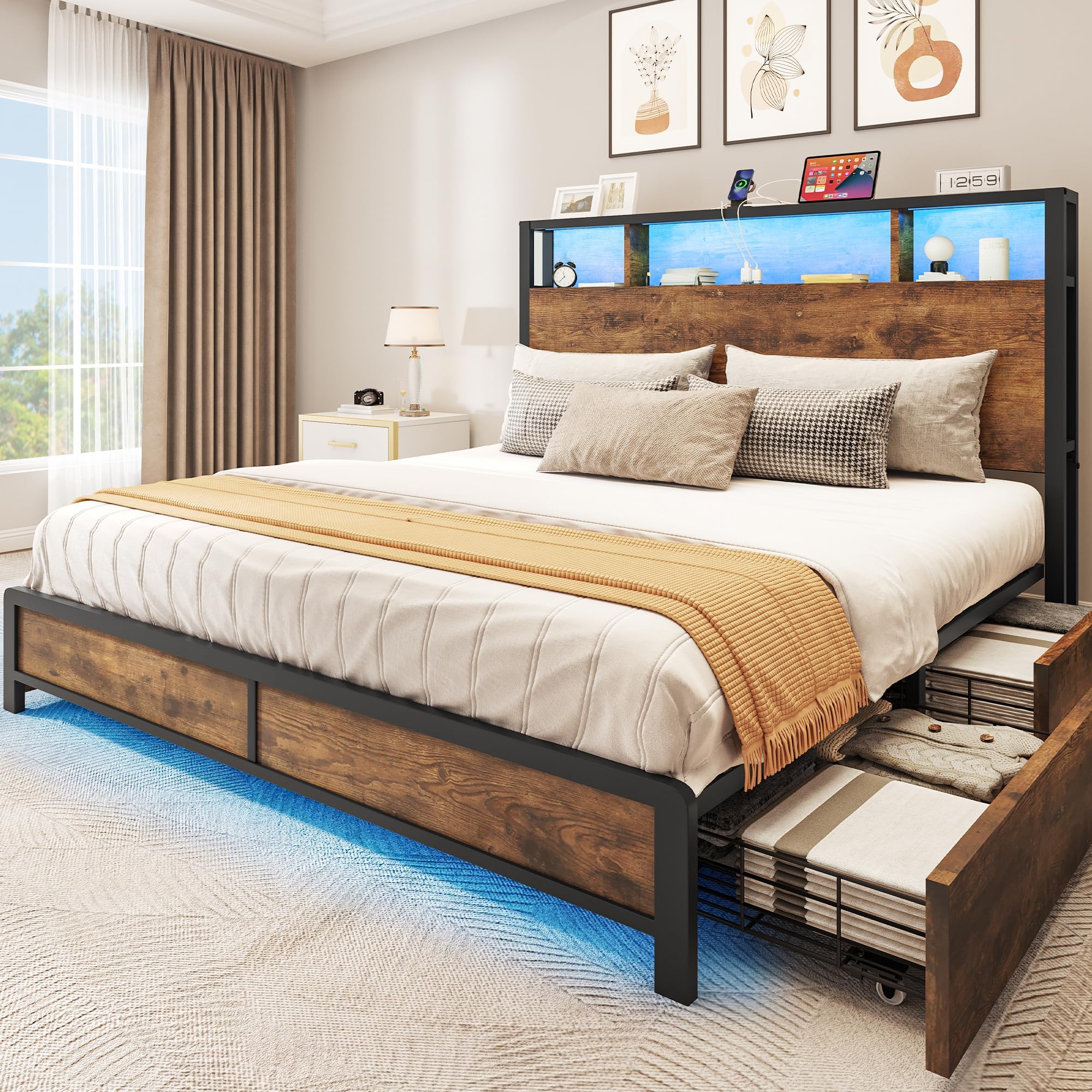 Amazon.com: YITAHOME Queen Bed Frame with 4 Storage Drawers and ...