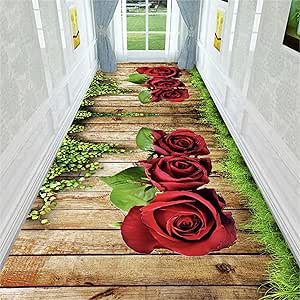 Amazon.com: Houient Runner Rug, 1.3x7ft, Retro Barn Wooden Plank Red Floral Rose and Teal Grass ...