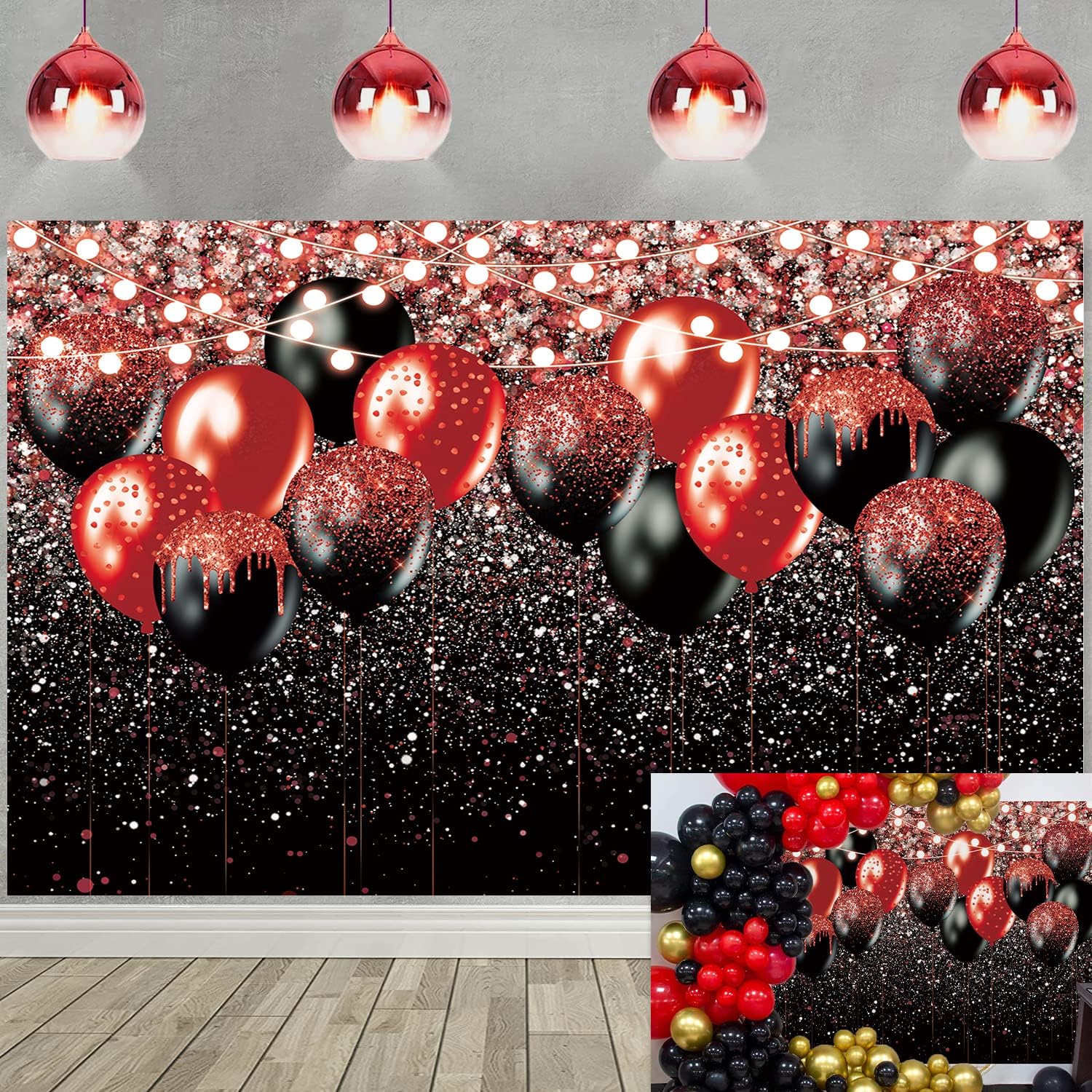 Amazon.com : Red and Black Glitter Backdrop Balloons Bokeh Birthday ...