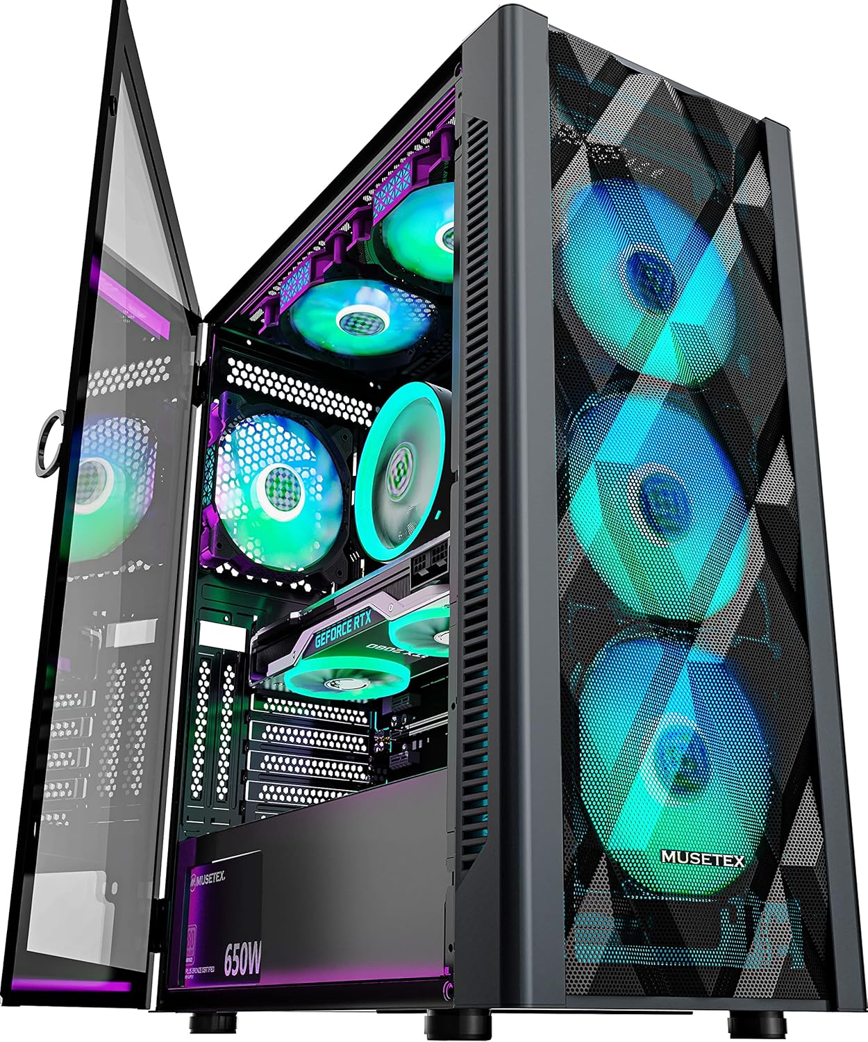 Amazon.com: MUSETEX ATX PC Case Mid-Tower with 6pcs 120mm ARGB Fans ...