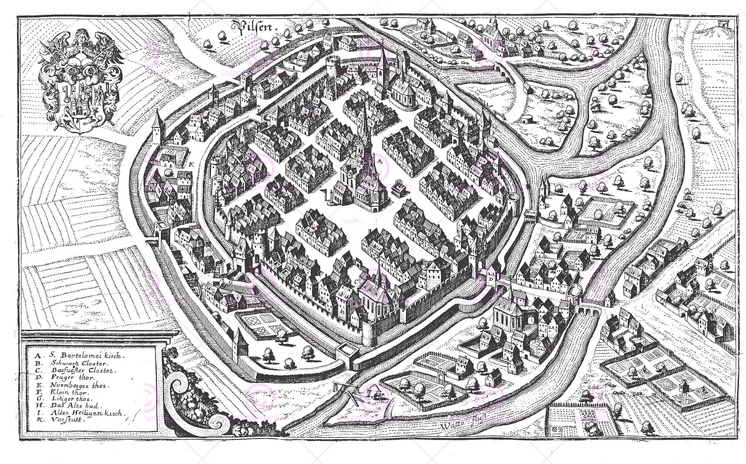 Amazon.com: Map Merian 1650 Pilsen City Plan Old Large Replica Poster ...