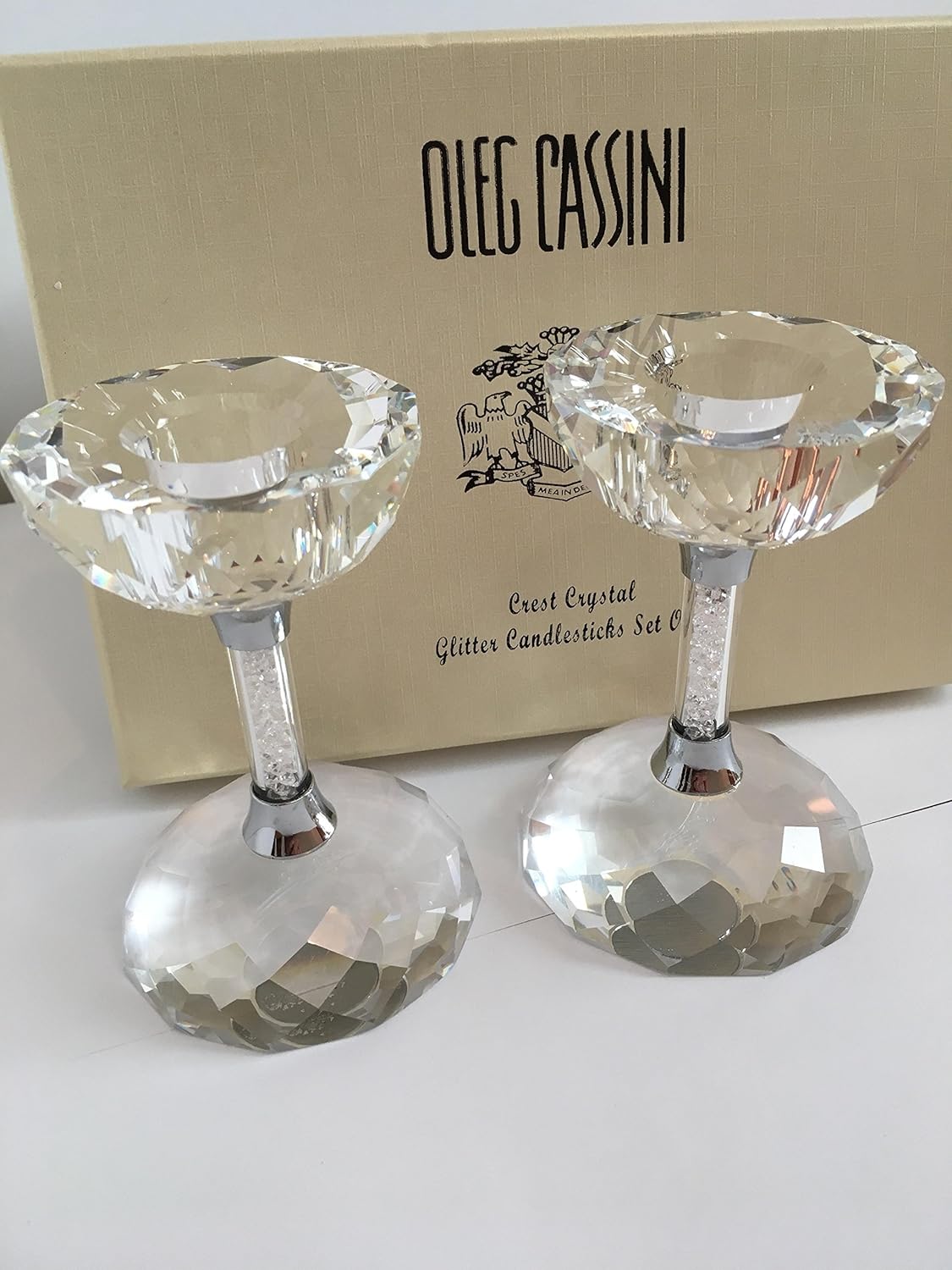 Amazon.com: Oleg Cassini 4 Set of 2 Crest Glitter Candlesticks : Home ...