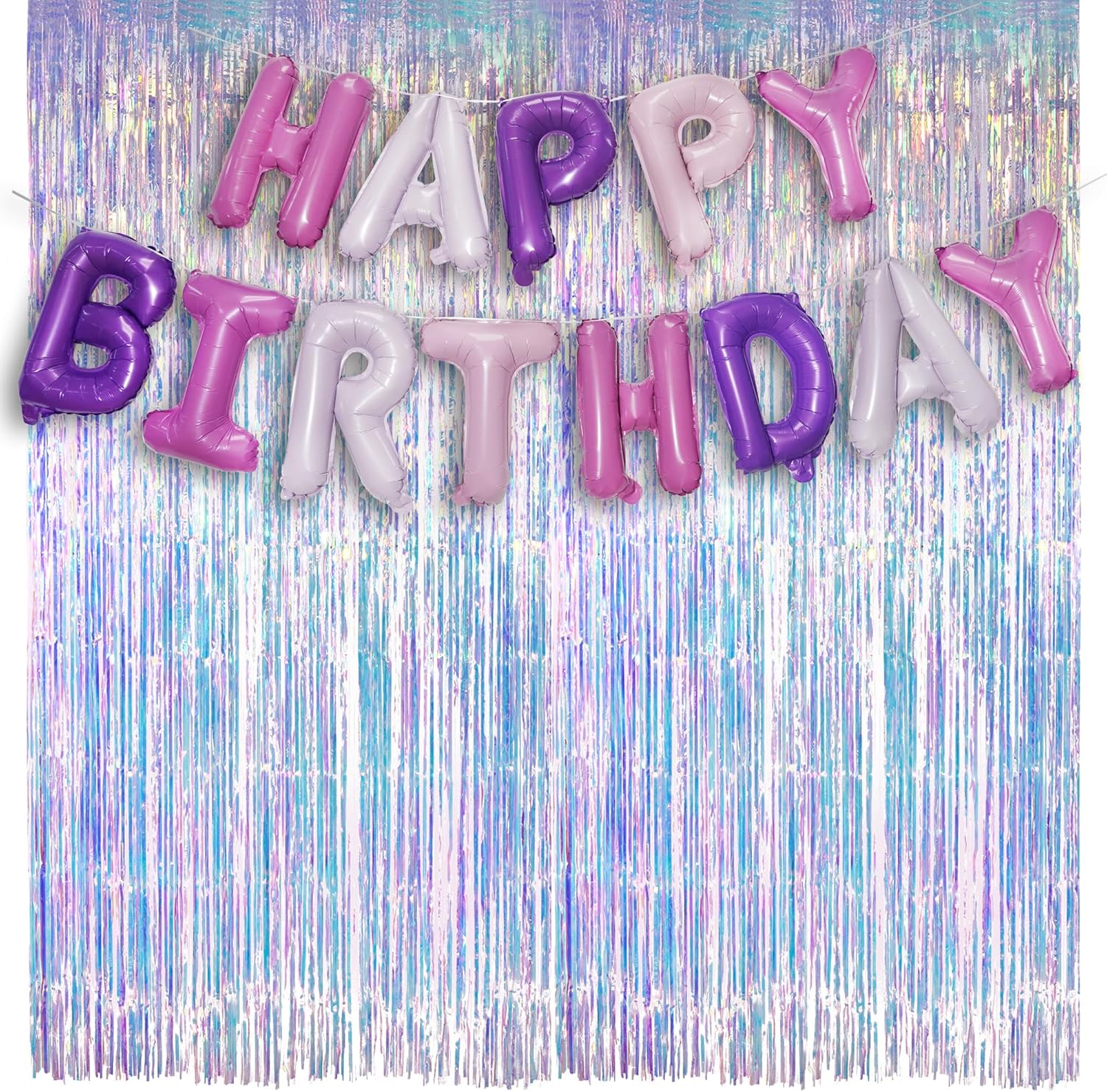 Amazon.com : Iridescent Party Streamers Backdrop and Purple Pink Banner ...