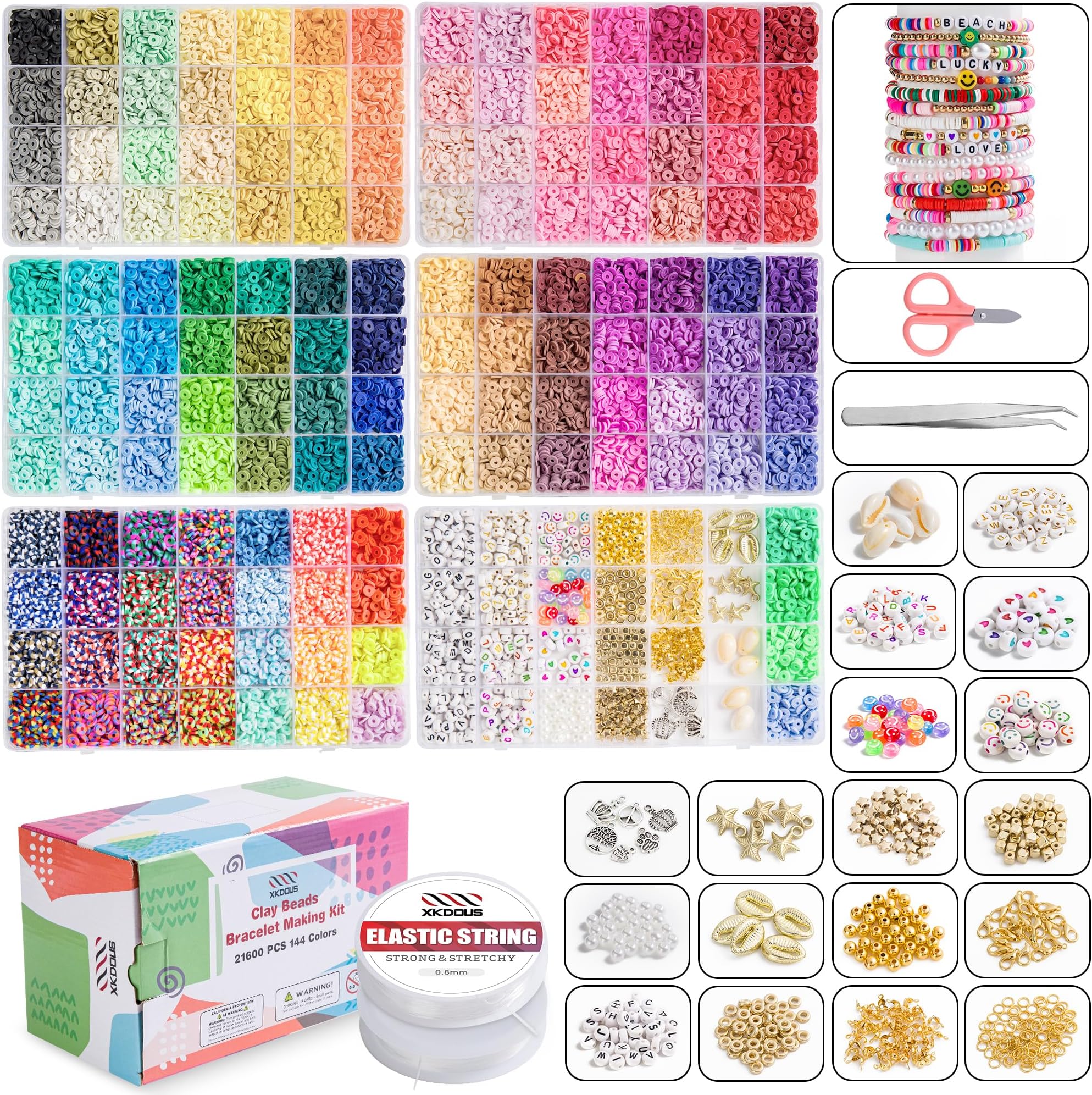 Amazon.com: XKDOUS 21600 Pcs Clay Beads Bracelet Making Kit, 144 Colors ...