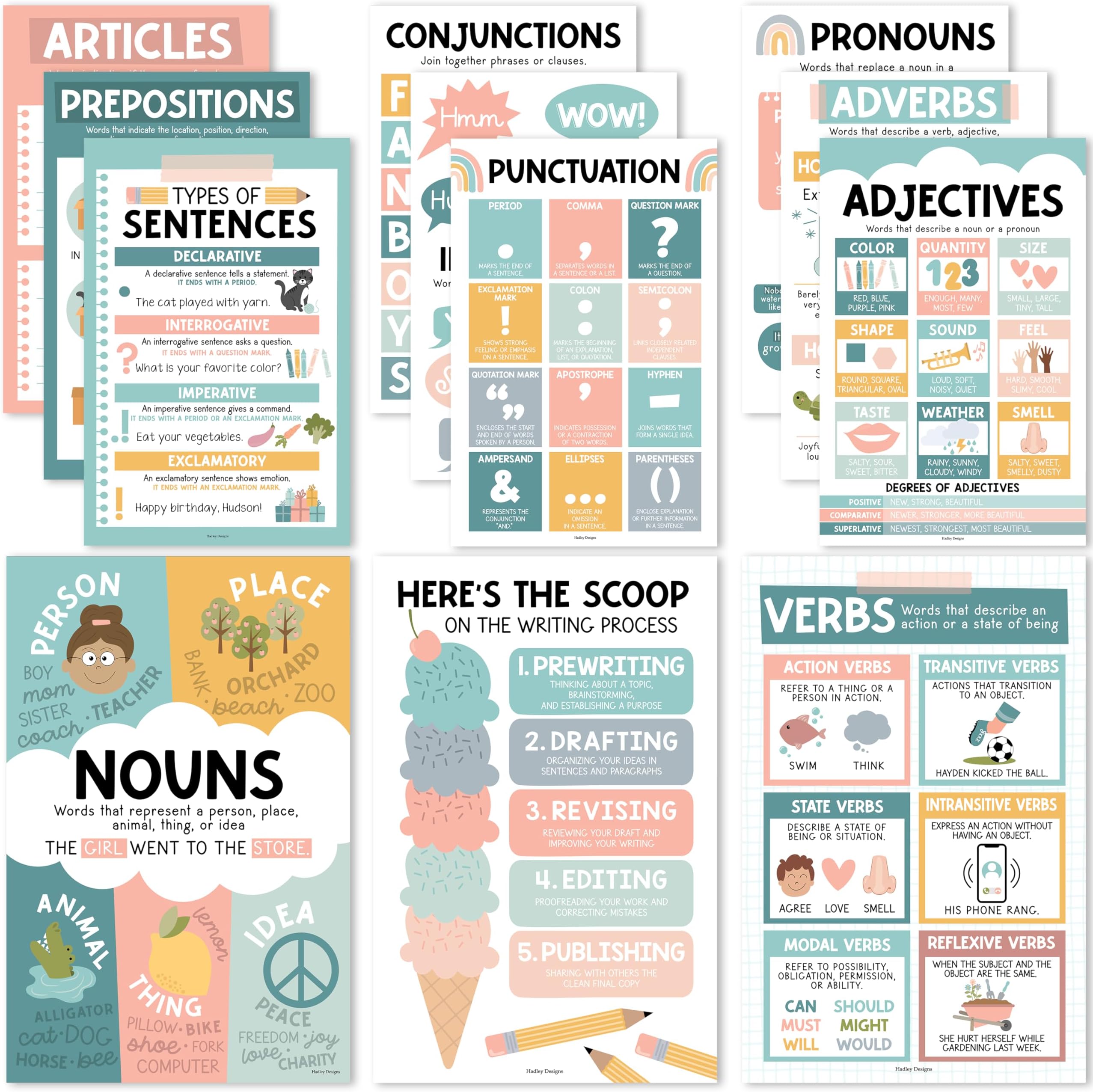 Amazon.com: Hadley Designs Parts Of Speech Posters For Classroom - 12 ...