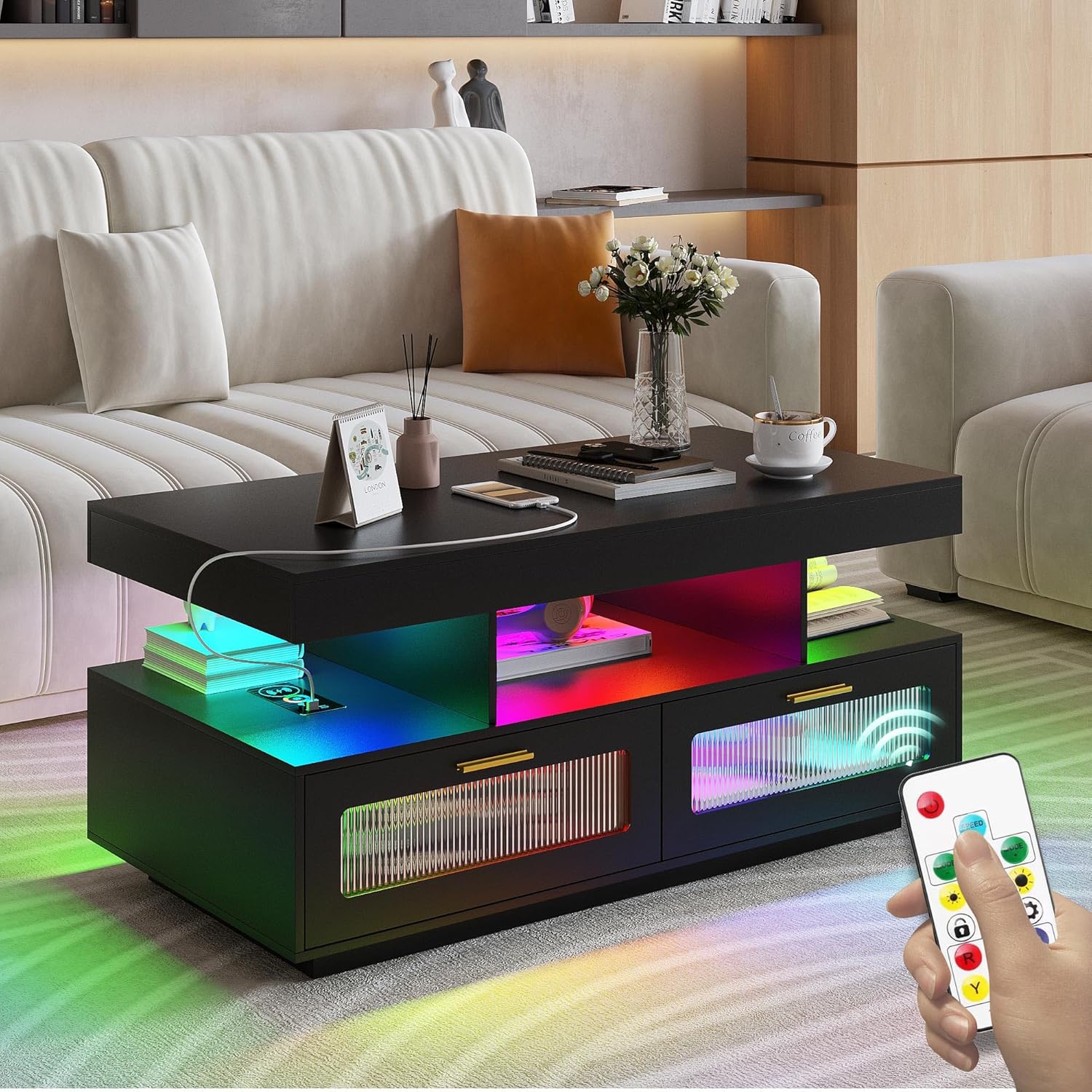 Amazon.com: WOOVIVS LED Coffee Table with Charging Station, Modern Low ...