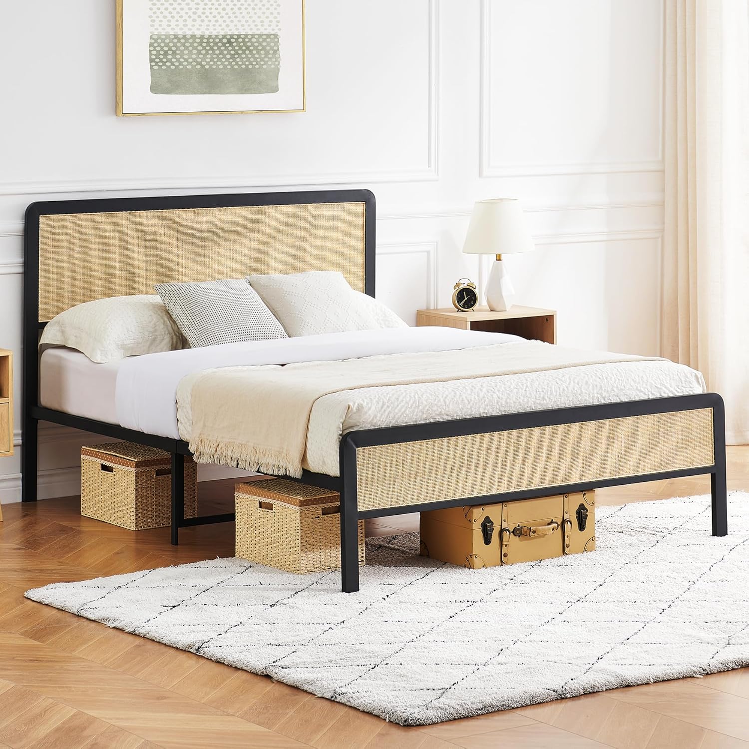 Amazon.com: IDEALHOUSE Full Size Bed Frame with Rattan Headboard and ...