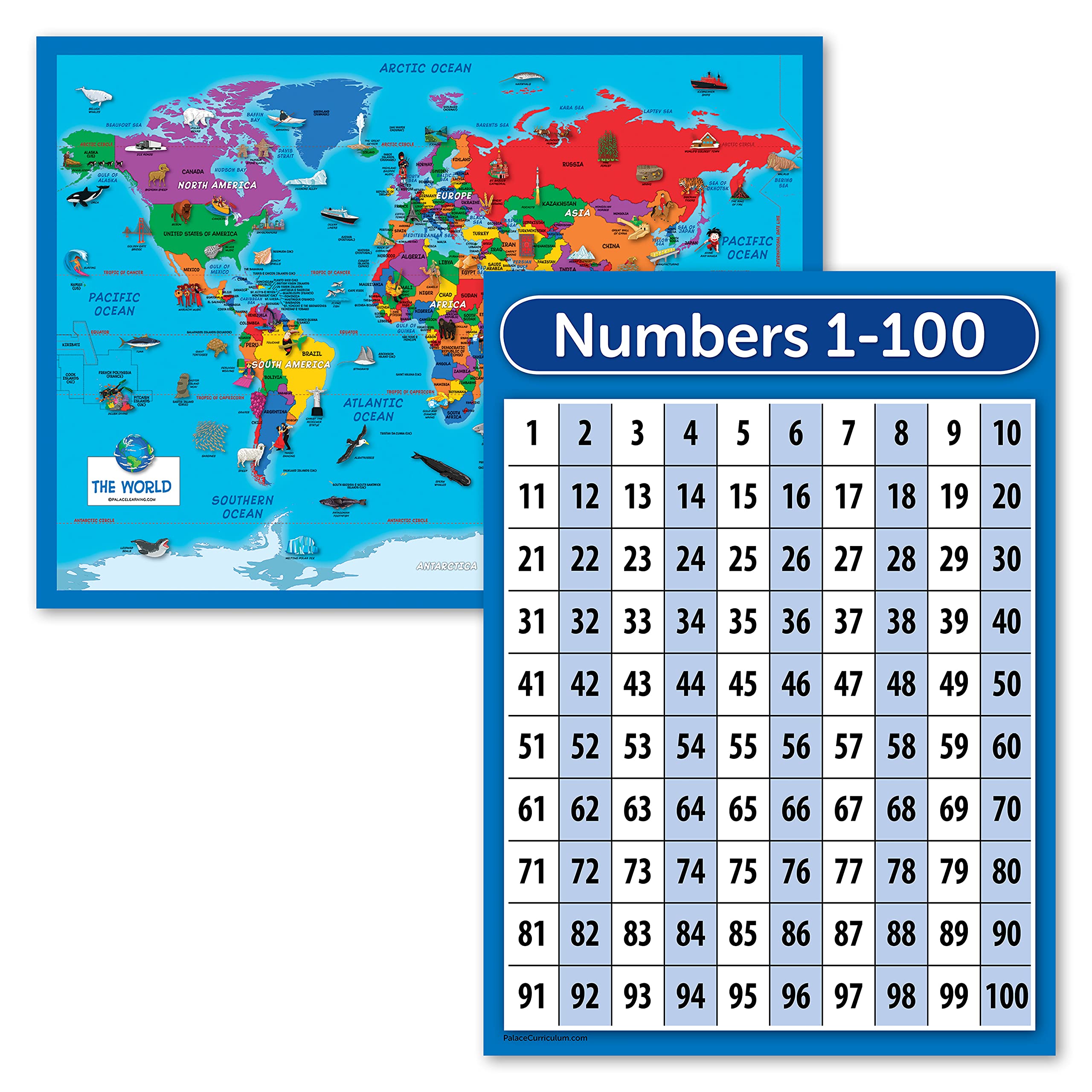 Buy 2 Pack - World [Illustrated Short] & Numbers 1-100 Chart for Kids ...