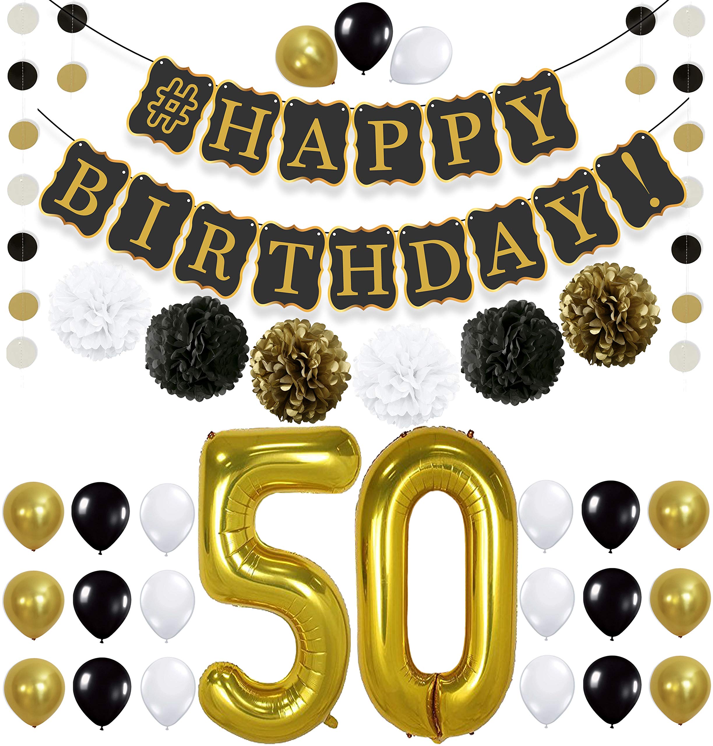 Buy Gold, Black 50th Birthday Decorations Kit - Happy Birthday Banner ...