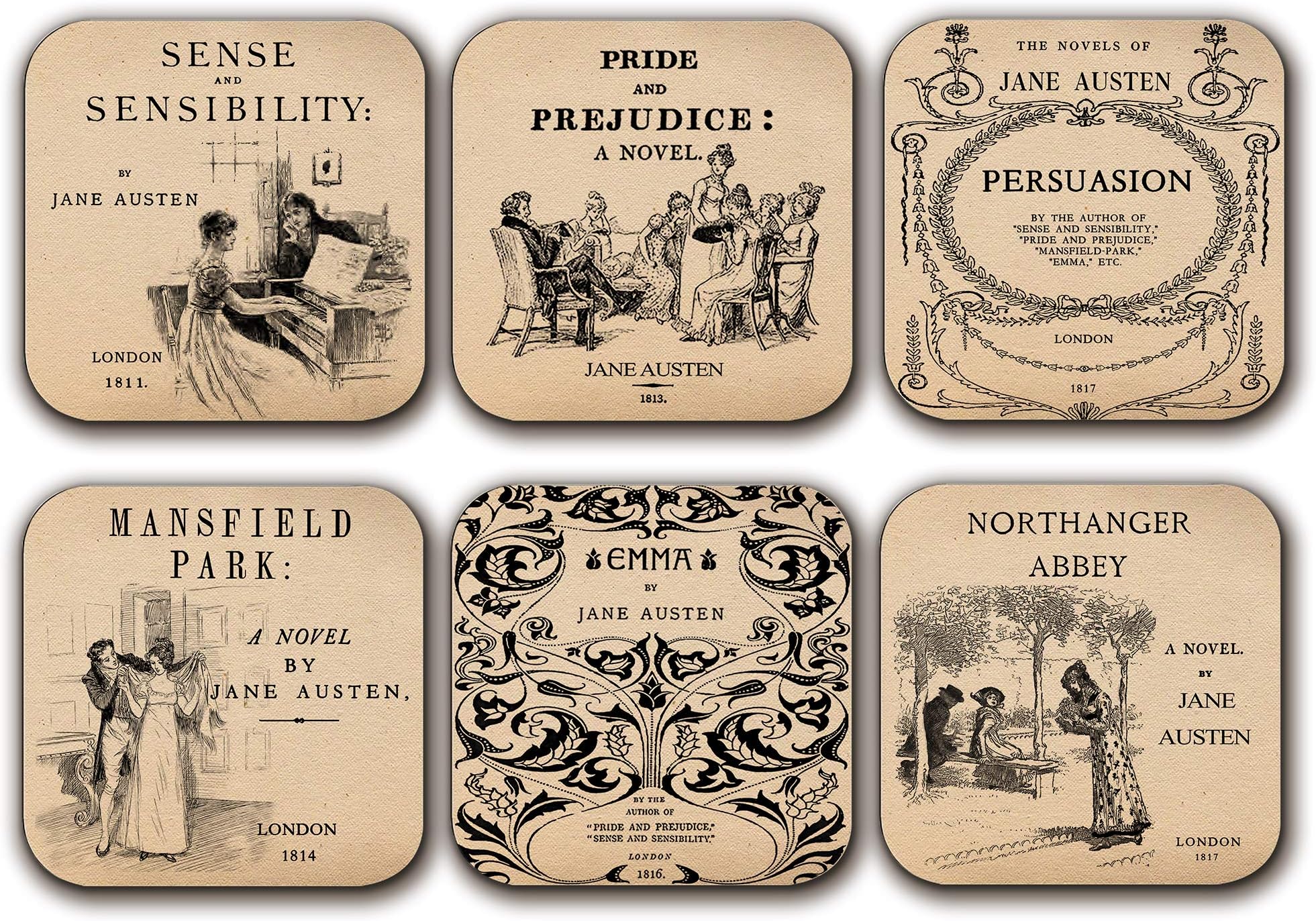 Amazon.com | Jane Austen Books Coaster Set- 6 Piece Wood Coaster Set ...