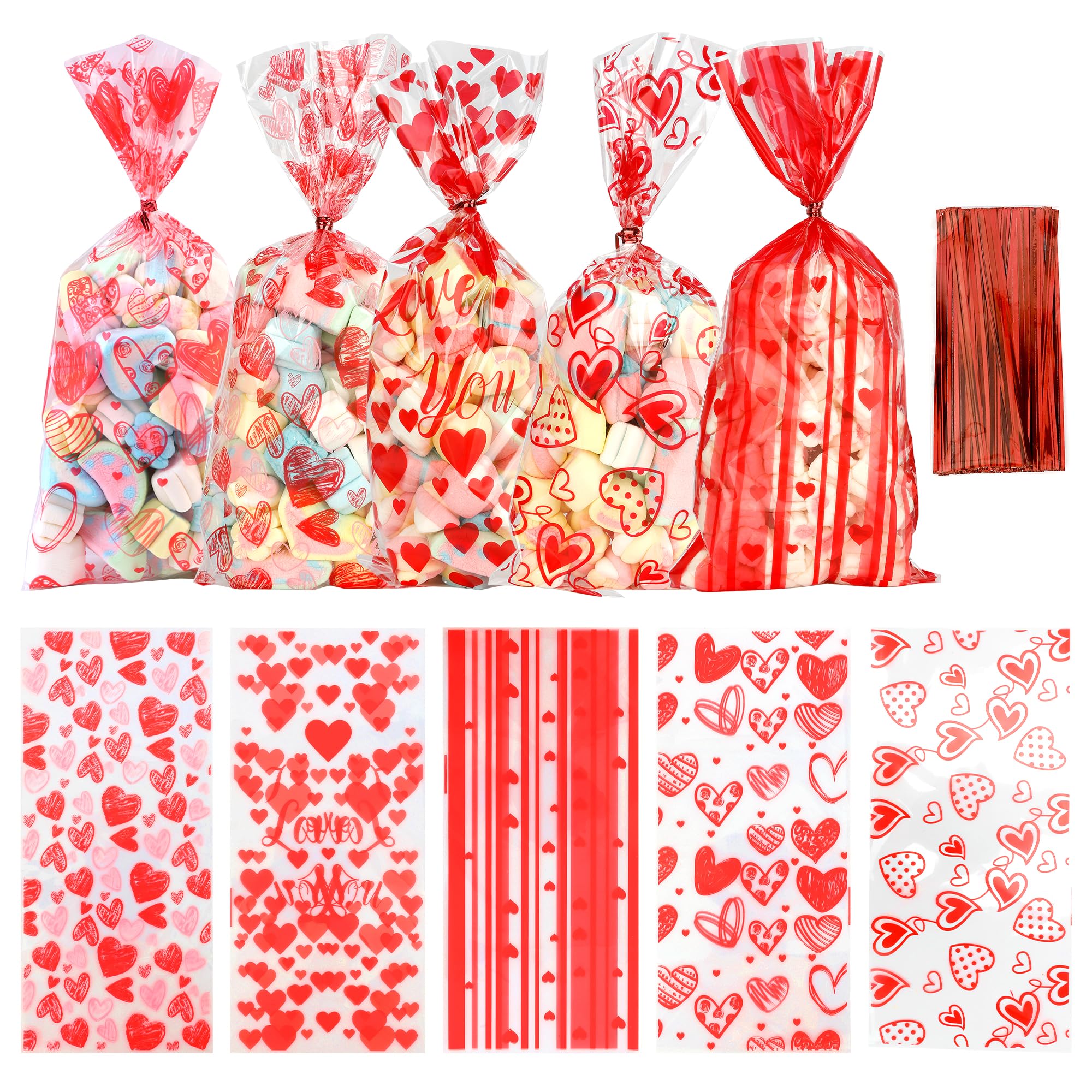 Amazon.com: Valentine Treat Bags, 100 Pcs Valentines Cellophane Treat ...