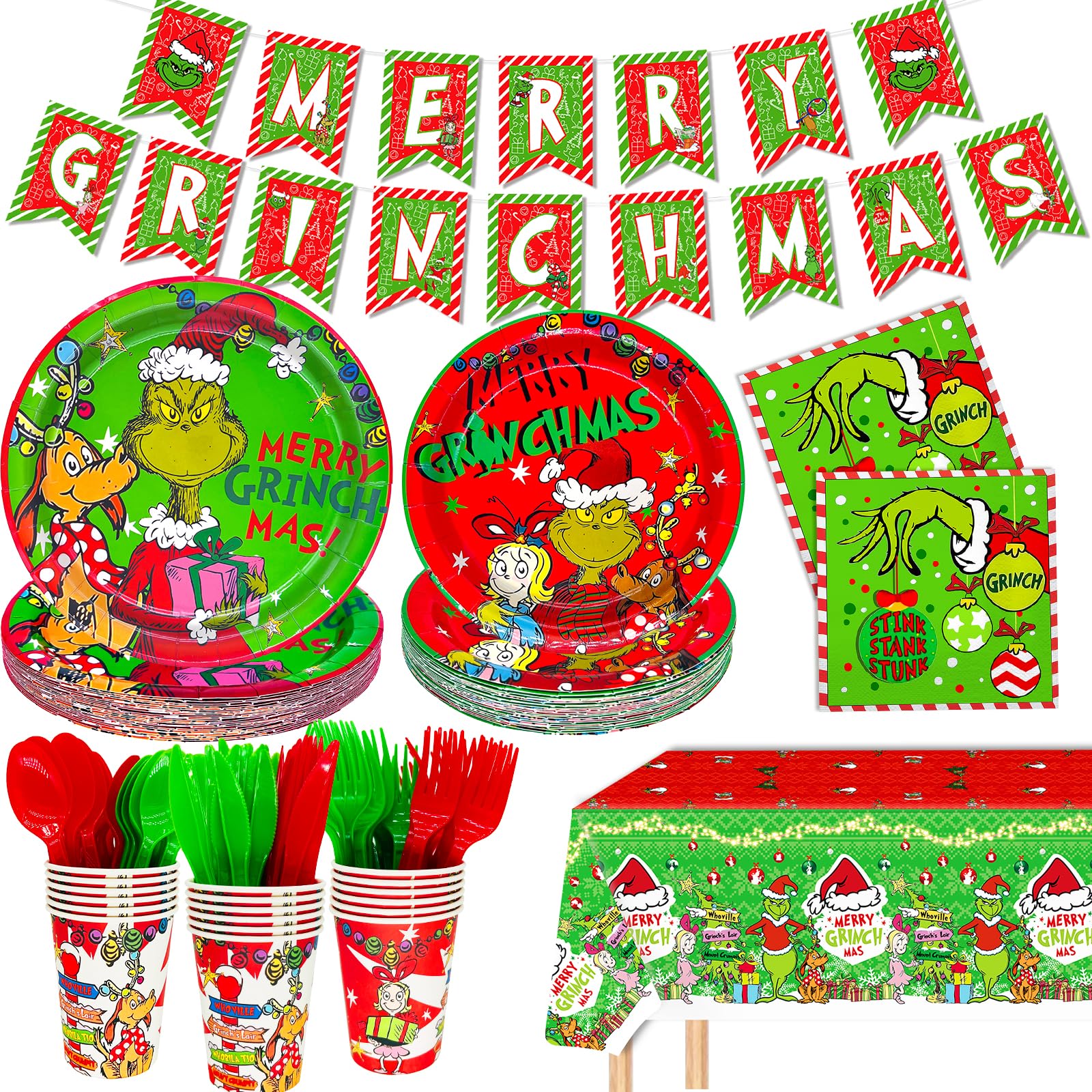 Amazon.com: 185Pcs Christmas Party Supplies Tableware Set Merry ...