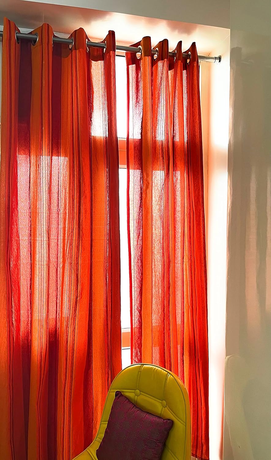 Buy Rangbhar Handloom Khadi Cotton Curtains, Striped, Orange, 4 X 7 Ft ...