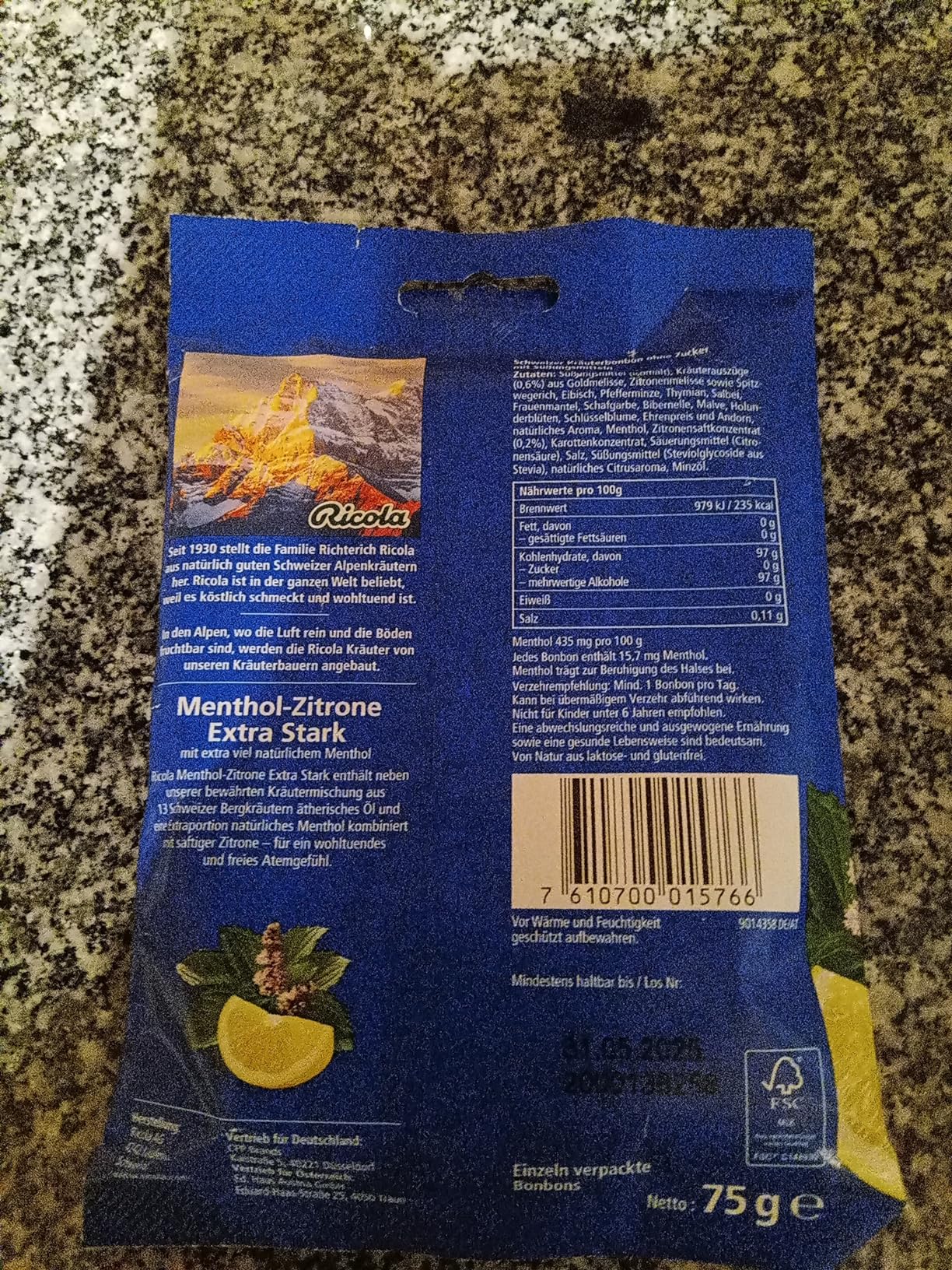 Ricola Menthol Zitrone Extra Stark, Schweizer Kräuterbonbon, 1 x 75g ...