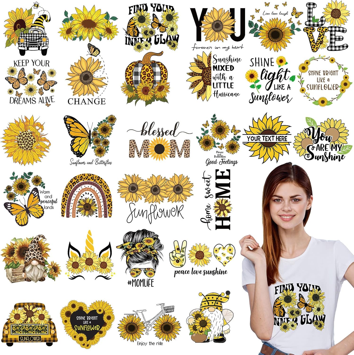 Amazon.com: 30 Pcs Sunflower Iron on Transfers Cute Patches Flower ...