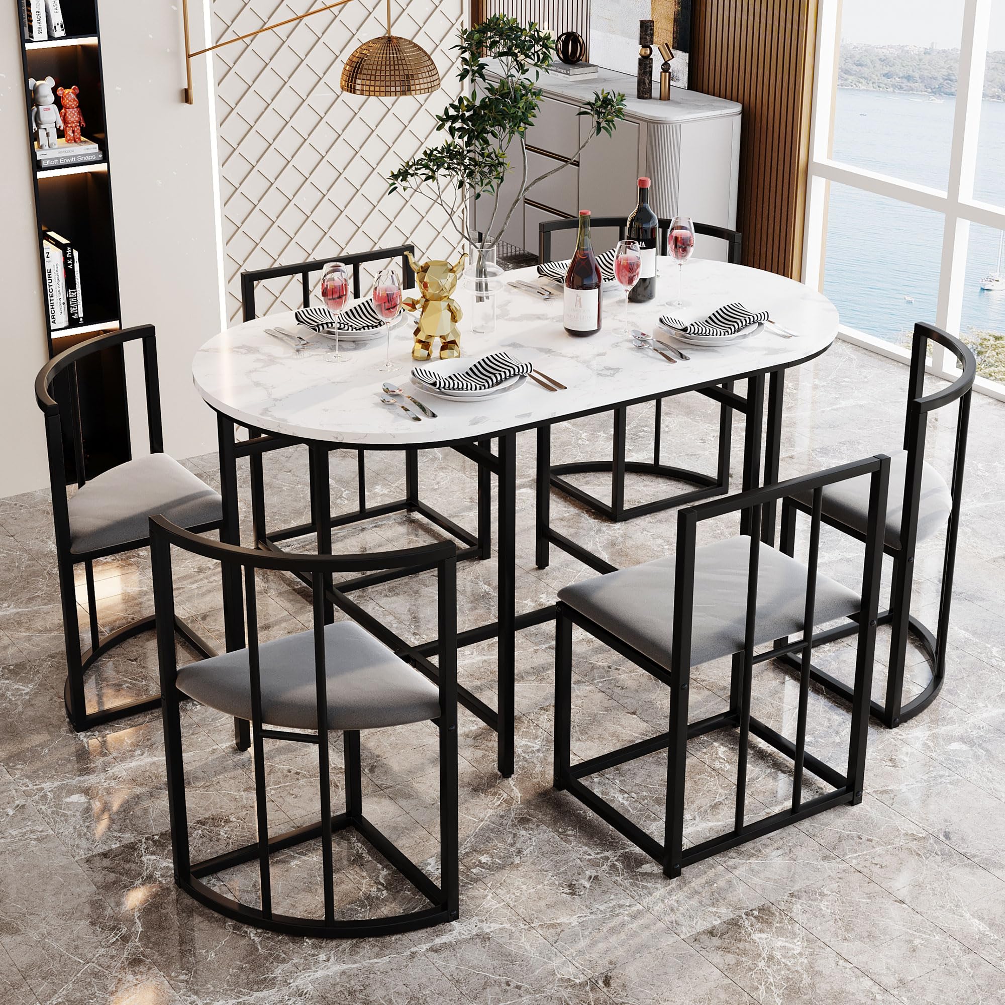 Jtyca Table and Chairs, Dining Table and Chairs Set 6(7 Pieces), White ...