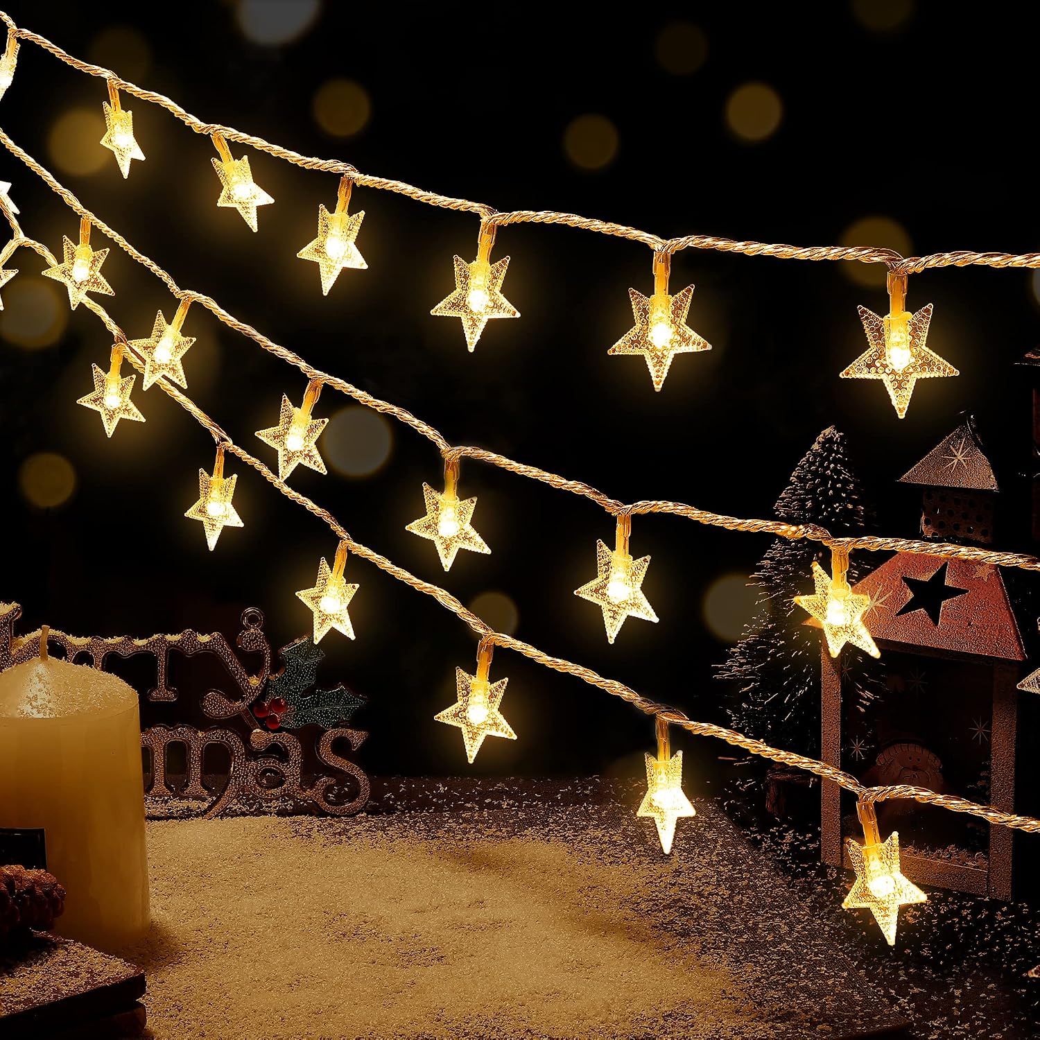 Amazon.com: HEYFUNi Warm White Star String Lights,39FT 100LED Plug in ...