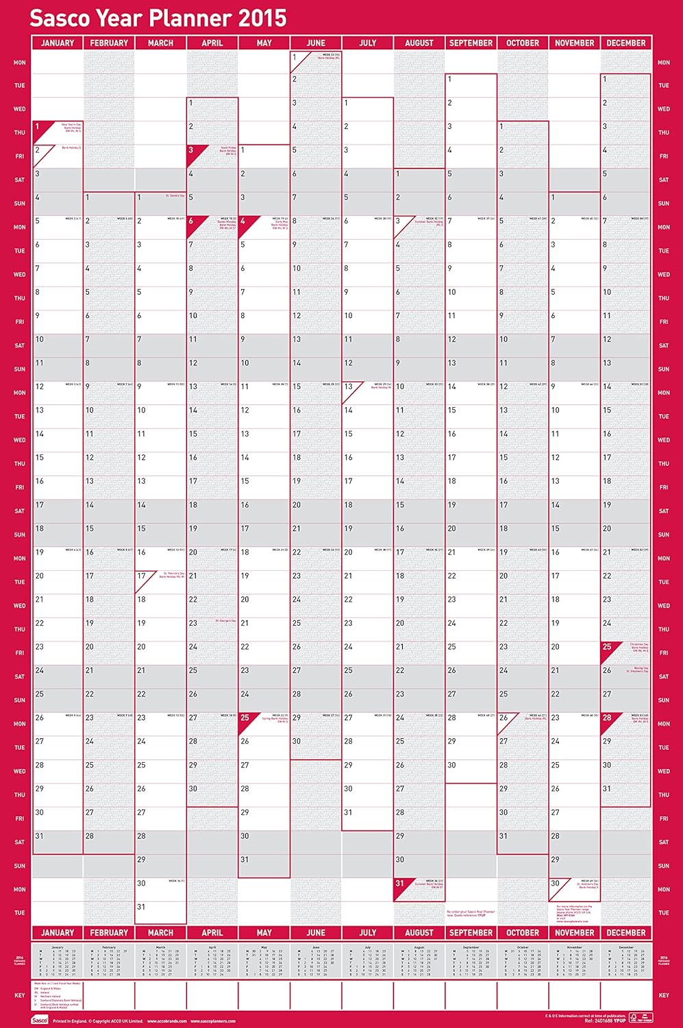 Sasco Unmounted Portrait Year Planner Kit 2015 (W610mm x H915mm ...