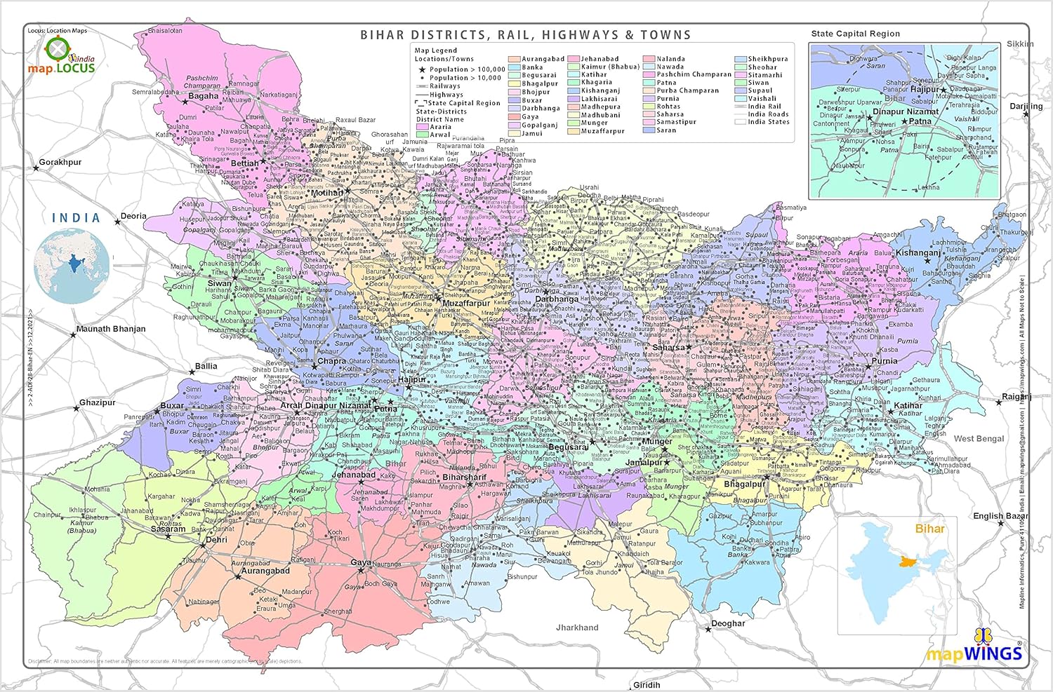 DURABLE MAGNETIC Paper Map of BIHAR with District Boundaries, Towns ...