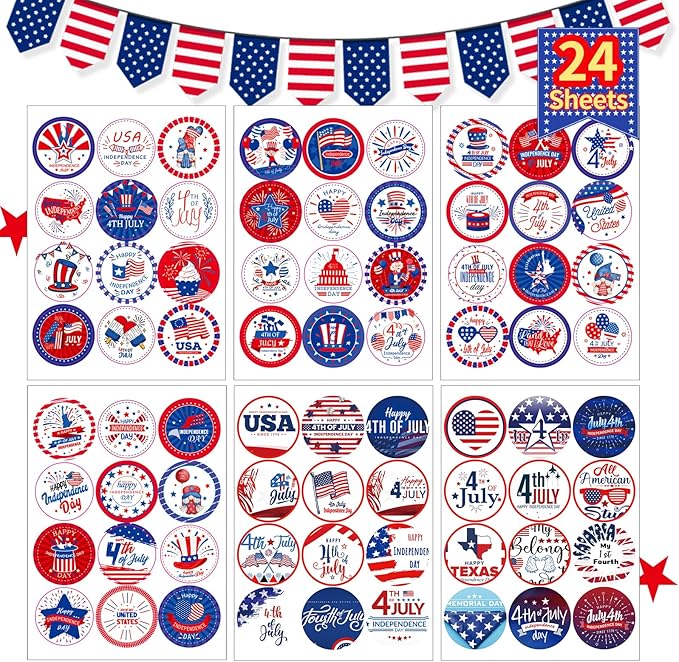 Amazon.com: JASHIAGE 24 Sheets 4th of July Stickers 288PCS Independence ...