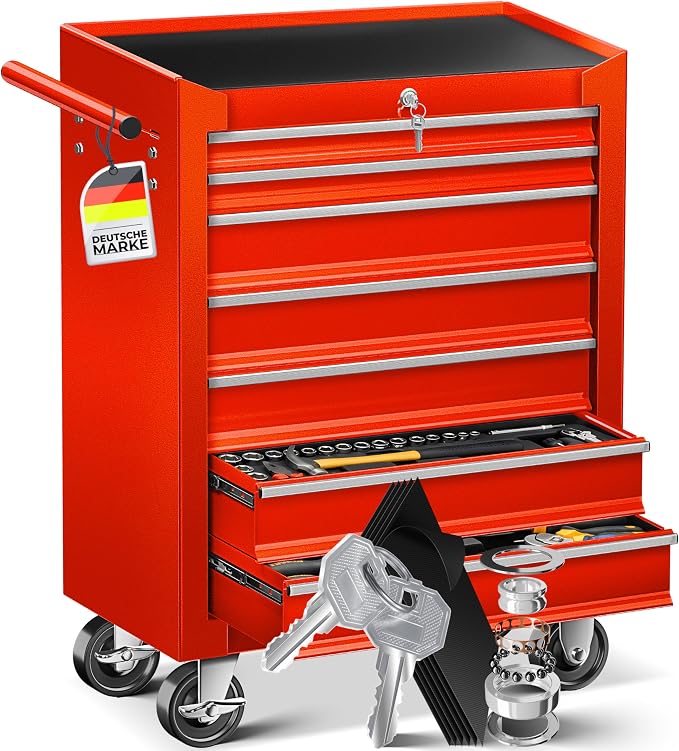 MASKO® Werkstattwagen - 7 Schubladen, rot | Abschließbar | Massives ...