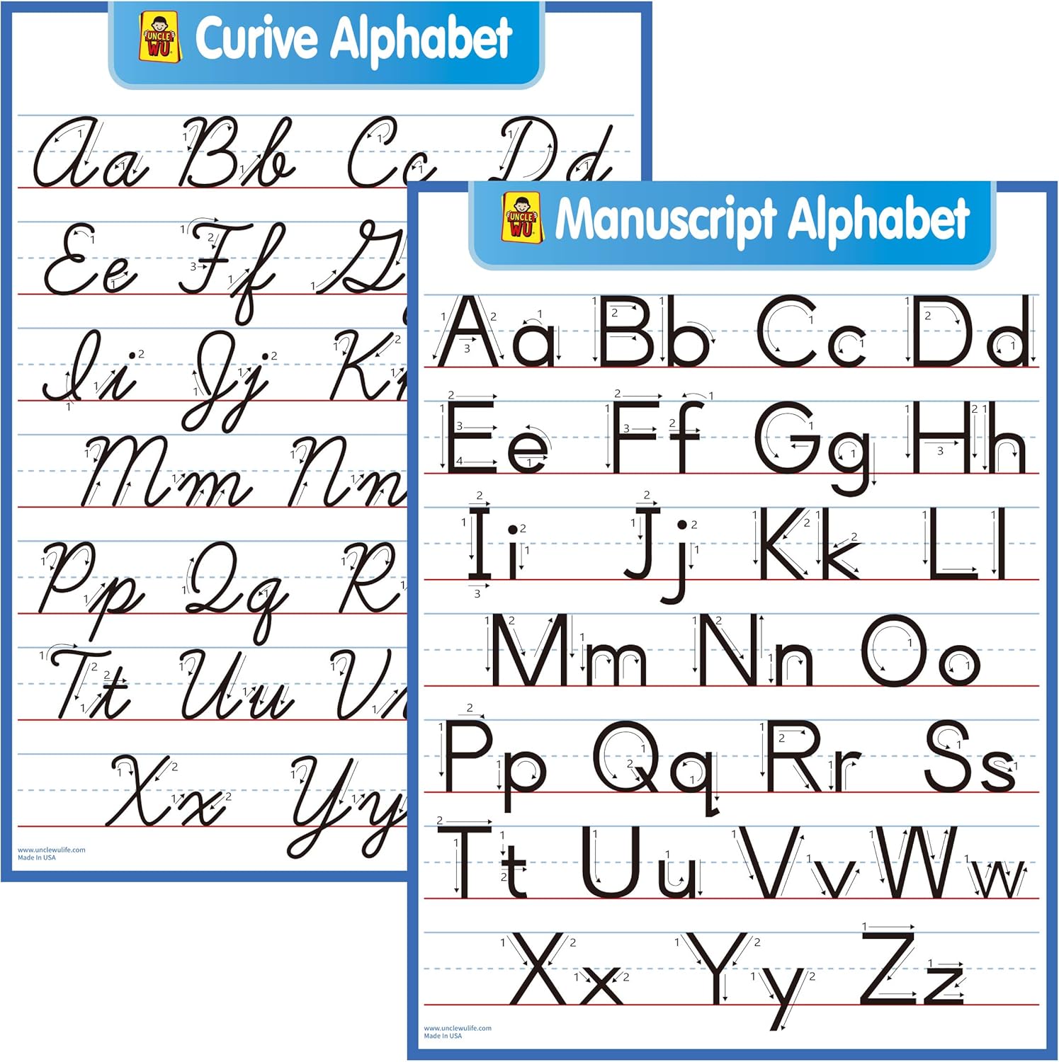 2 Pack - ABC Alphabet - Cursive Chart & Manuscript Laminated Poster ...