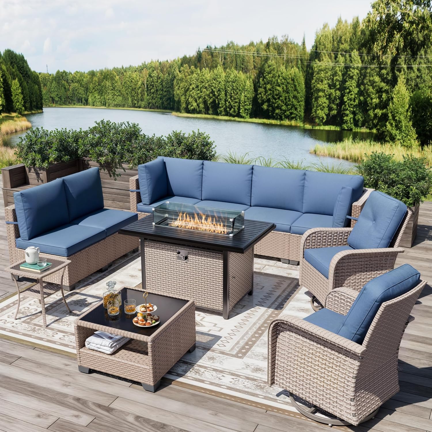 Amazon.com: Aukreolis 11 Pieces Patio Furniture Set with Fire Pit Table ...