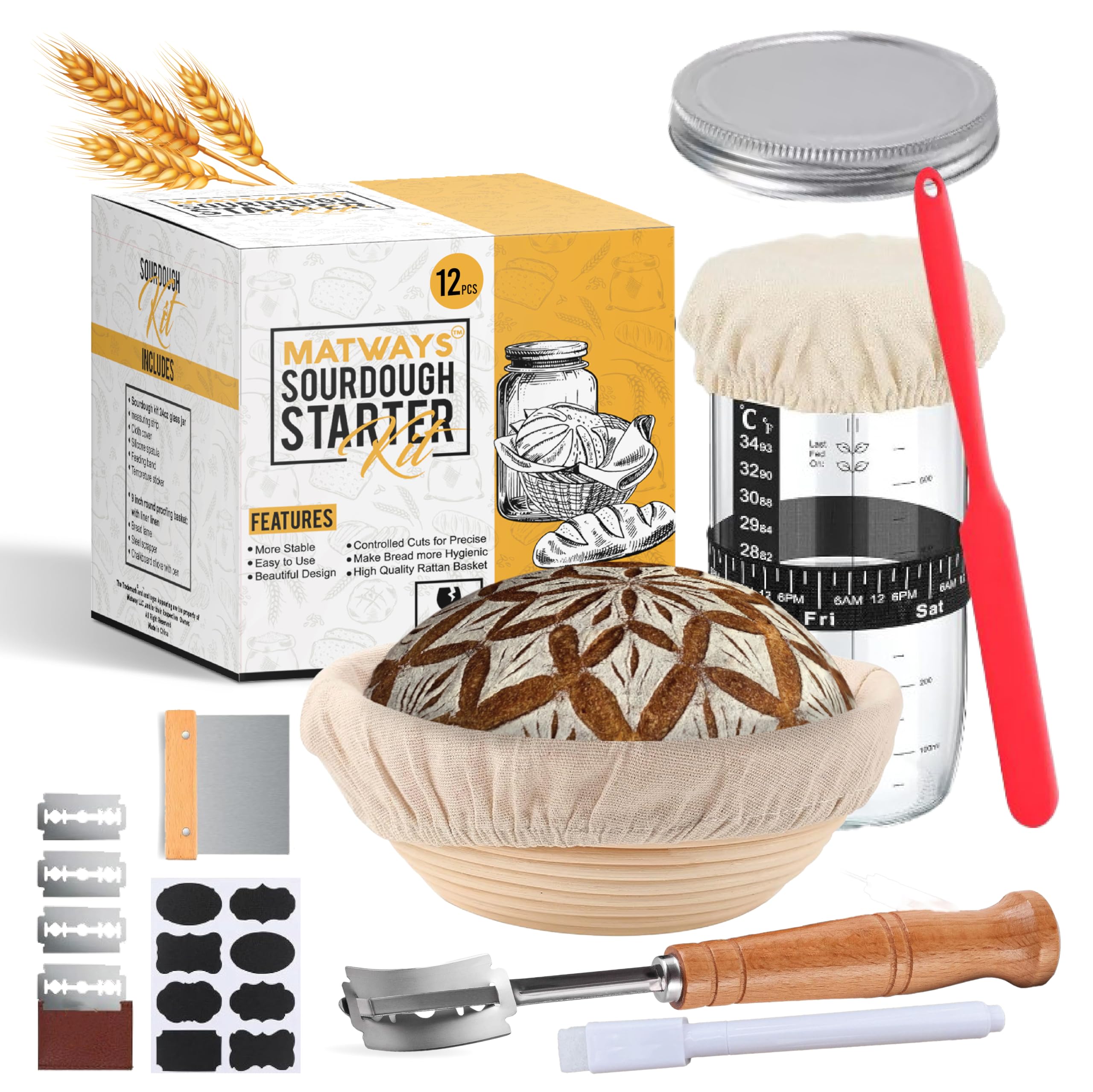 Sourdough Starter Kit 9-Inch Round Banneton Bread Proofing Rattan ...