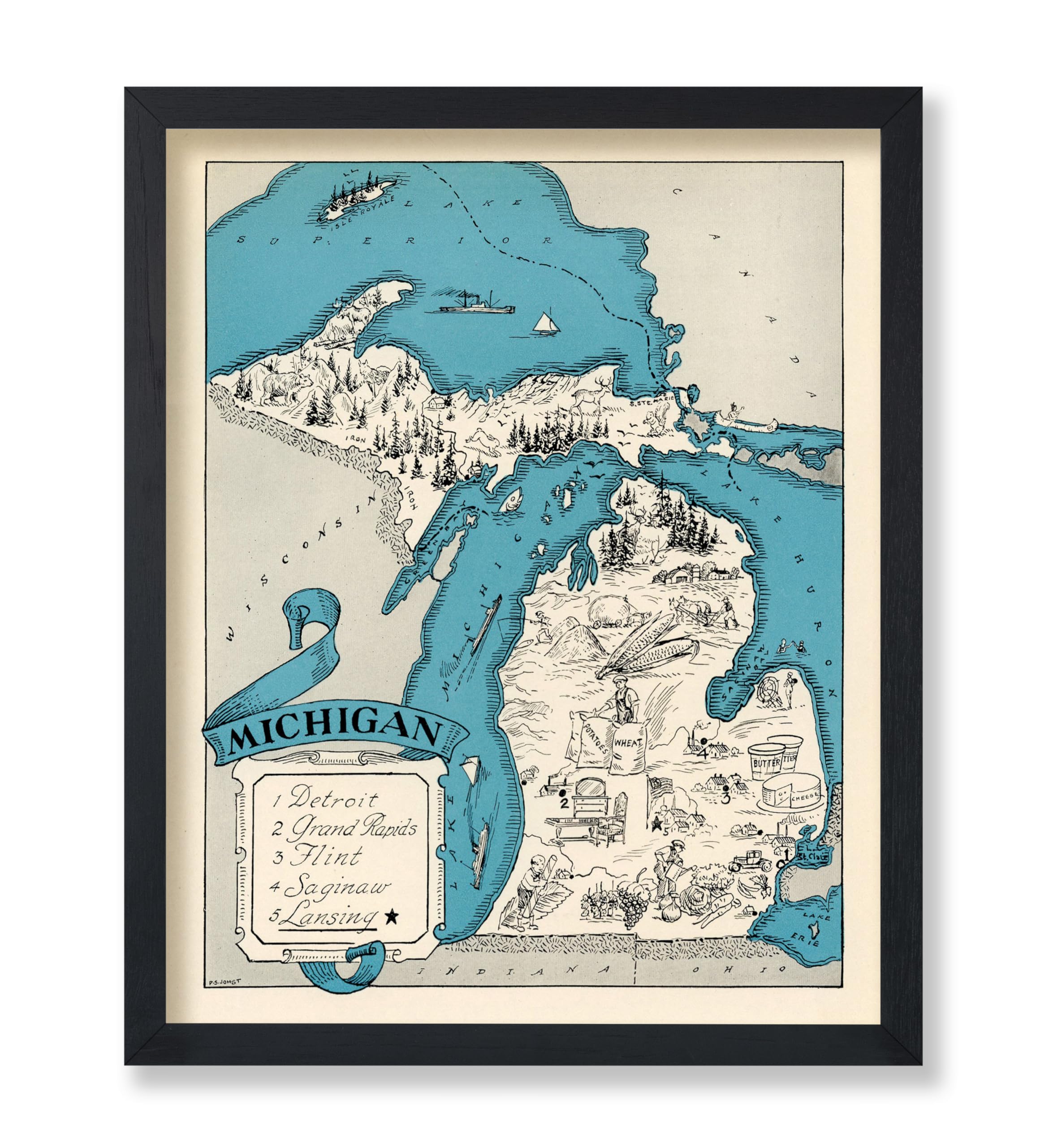 Amazon.com: Poster Master Vintage Map Poster - Retro Michigan Map Print ...