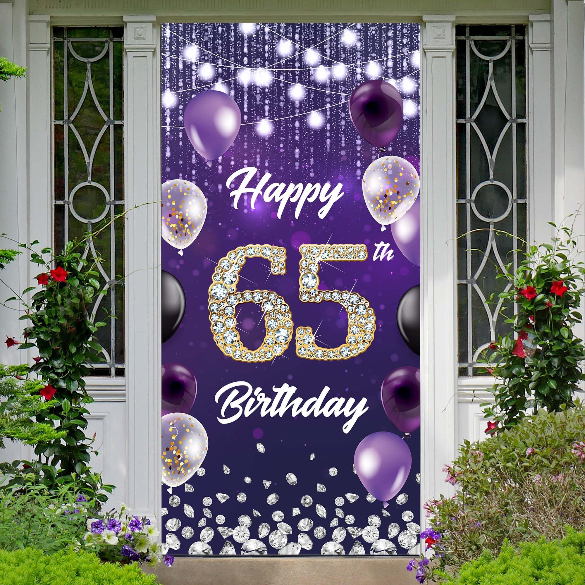 Amazon.com: Happy 65th Birthday Backdrop Banner Purple Theme Background ...