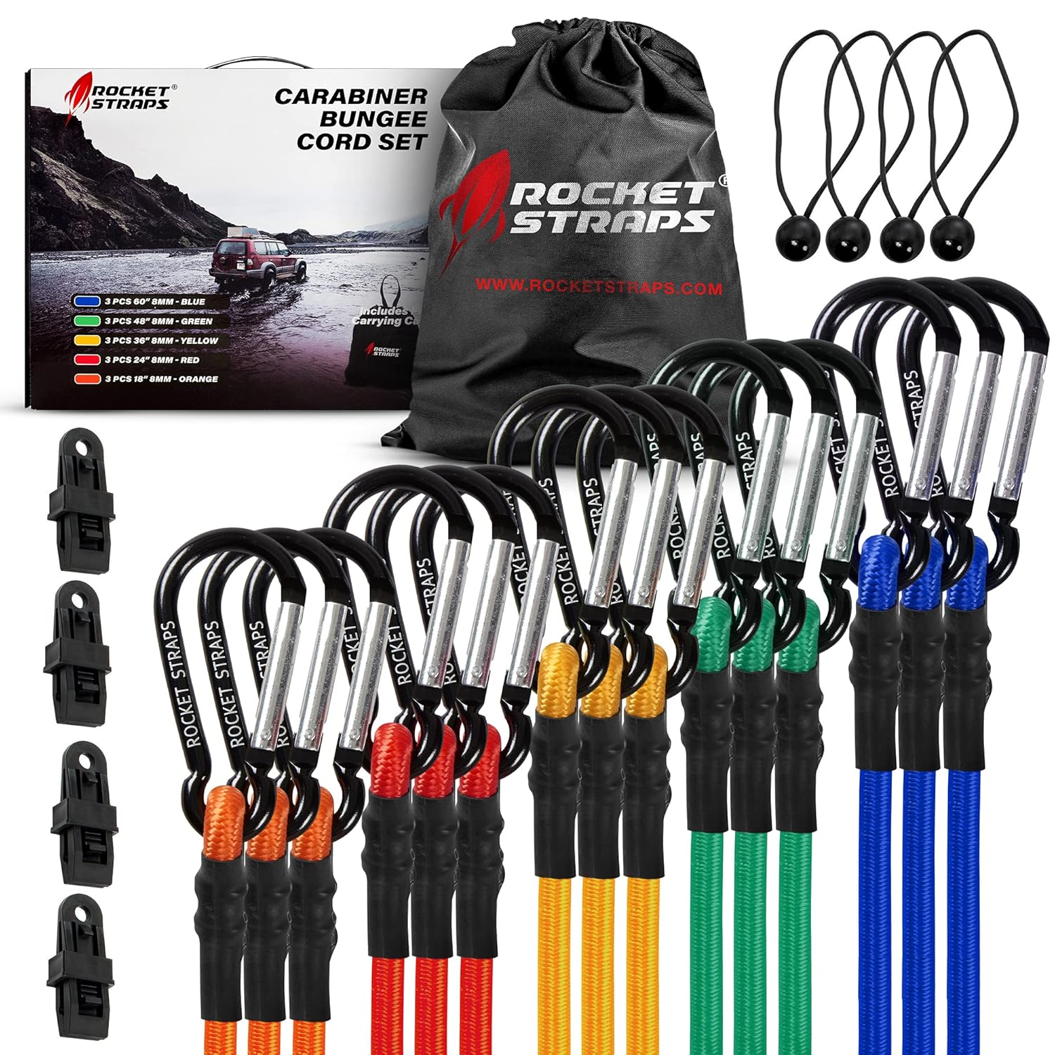 ROCKET STRAPS | (24PC) Carabiner Bungee Cords with Hooks | Bungee Cord ...