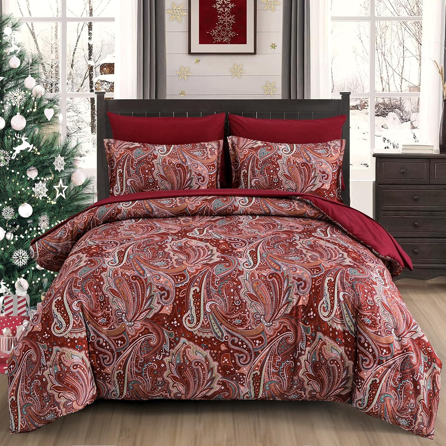 Amazon.com: DJY Red Paisley Comforter Set Queen Size, 7 Piece Bed in a ...
