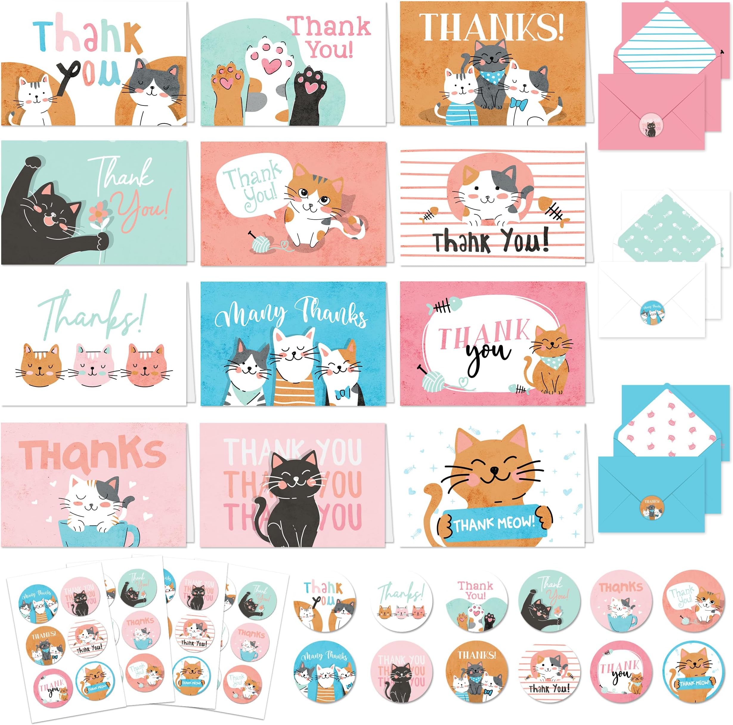 Amazon.com : Decorably 24 Pack 6x4in Cat Thank You Cards with Envelopes ...
