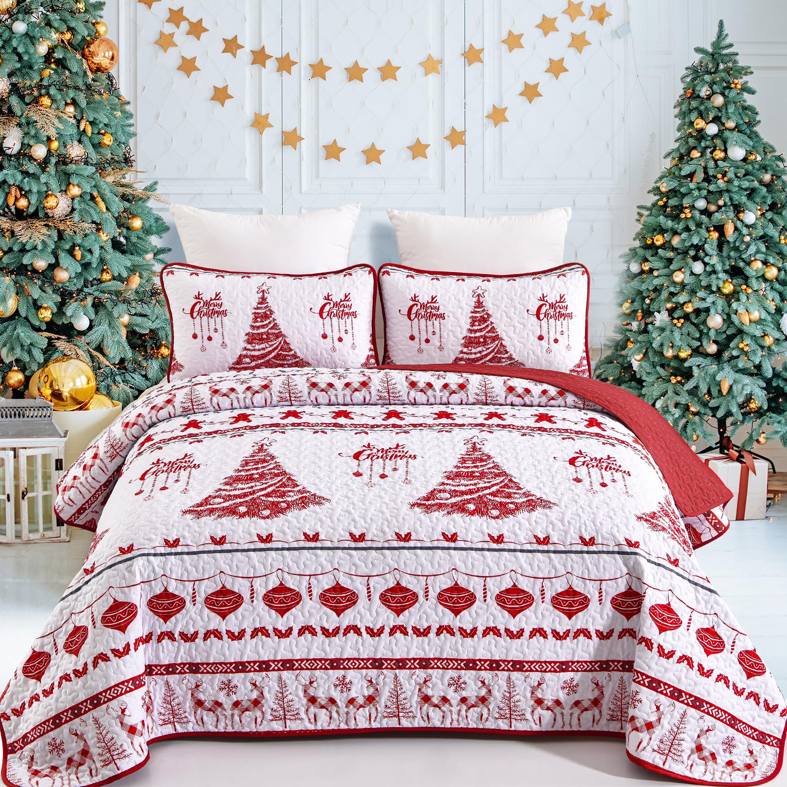 Amazon.com: Christmas Quilt Set King,Christmas Tree Elk Quilt Set 3PCs ...