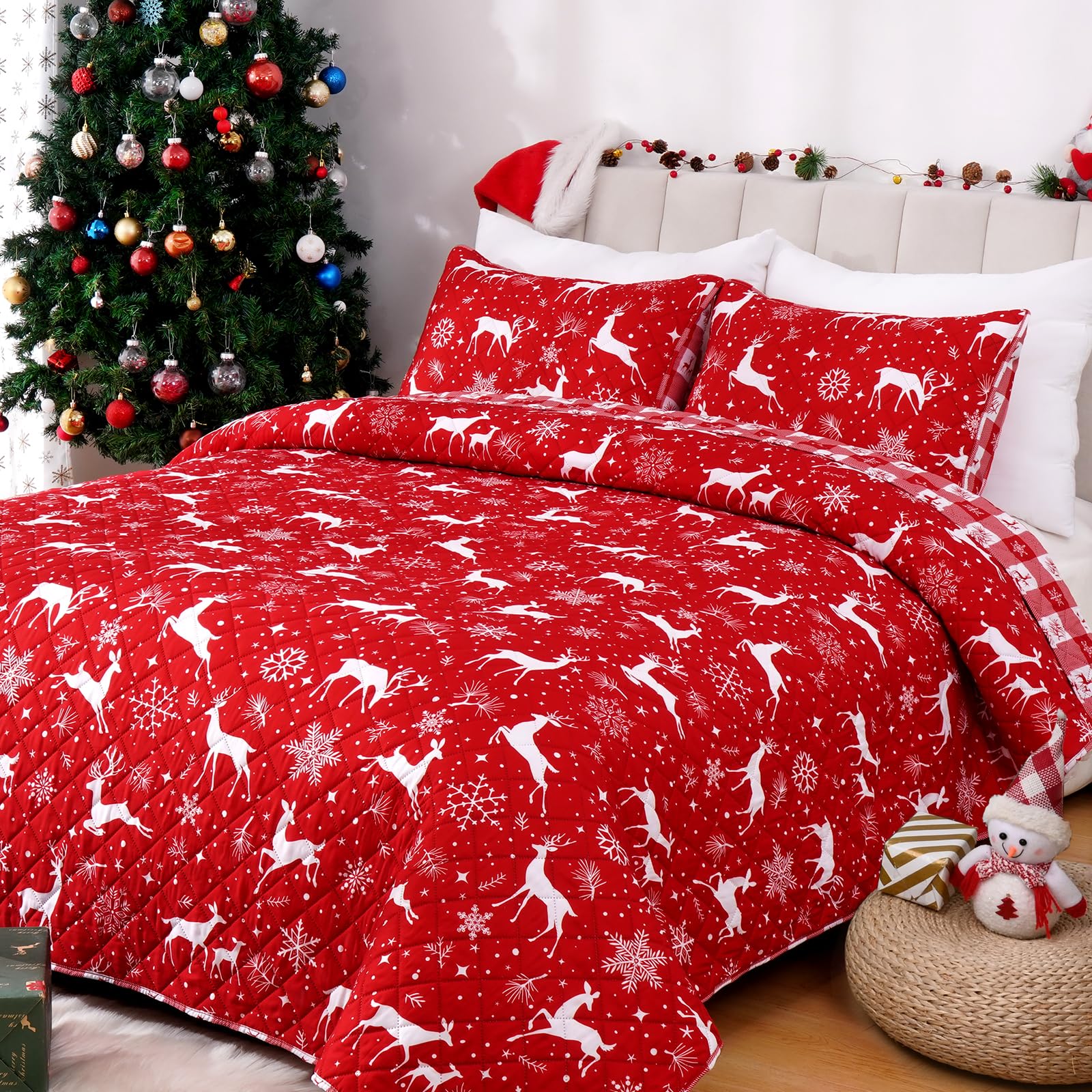 Amazon.com: Invoibler Christmas Quilt Set Queen Size 3 Piece Snowflake ...