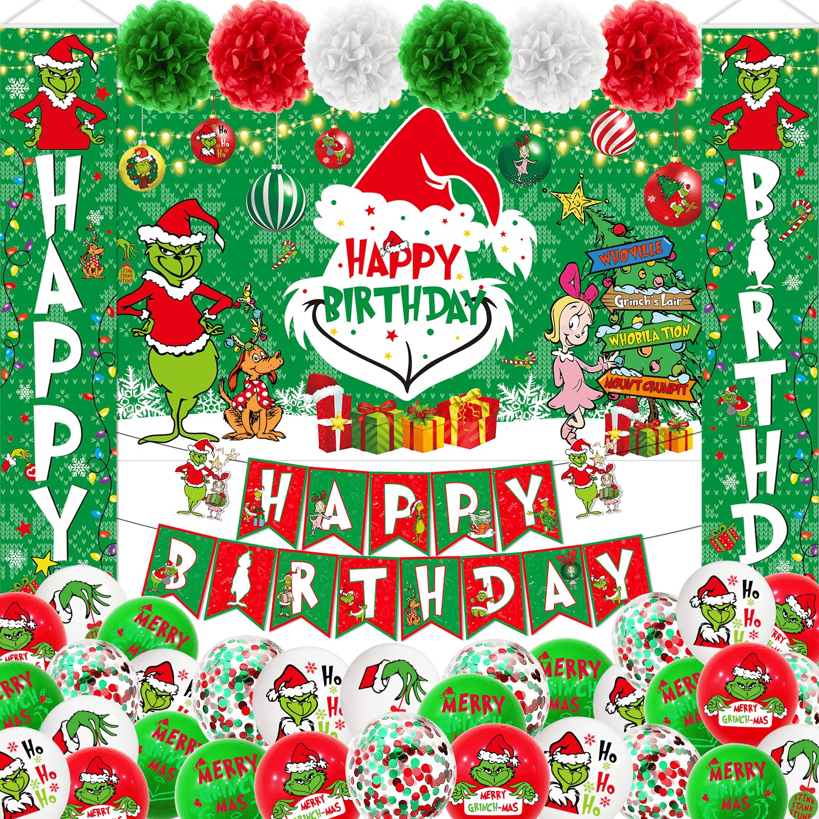 Amazon.com: 59Pcs Christmas Birthday Decorations Happy Birthday Banner ...