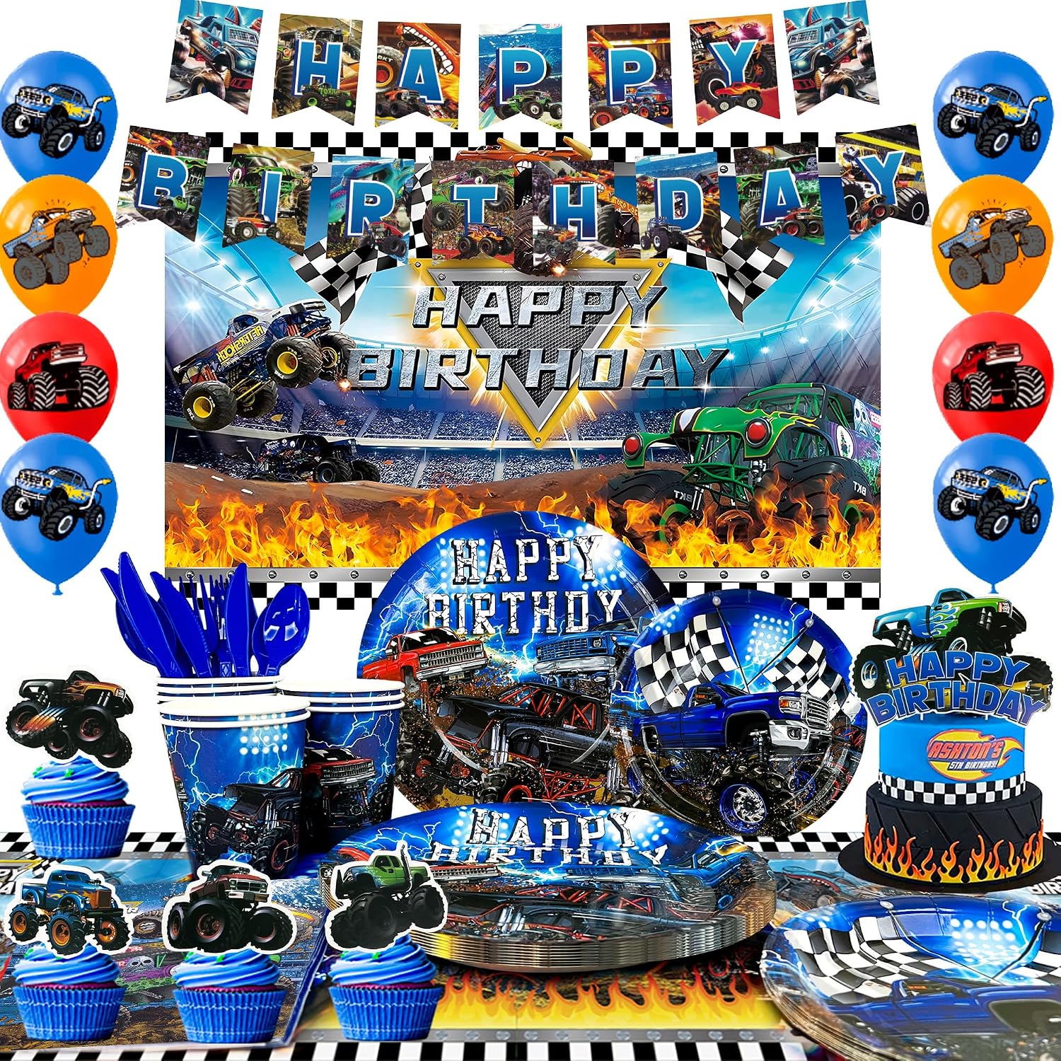 Amazon.com: Monster Truck Birthday Party Supplies,112pcs Monster Truck ...