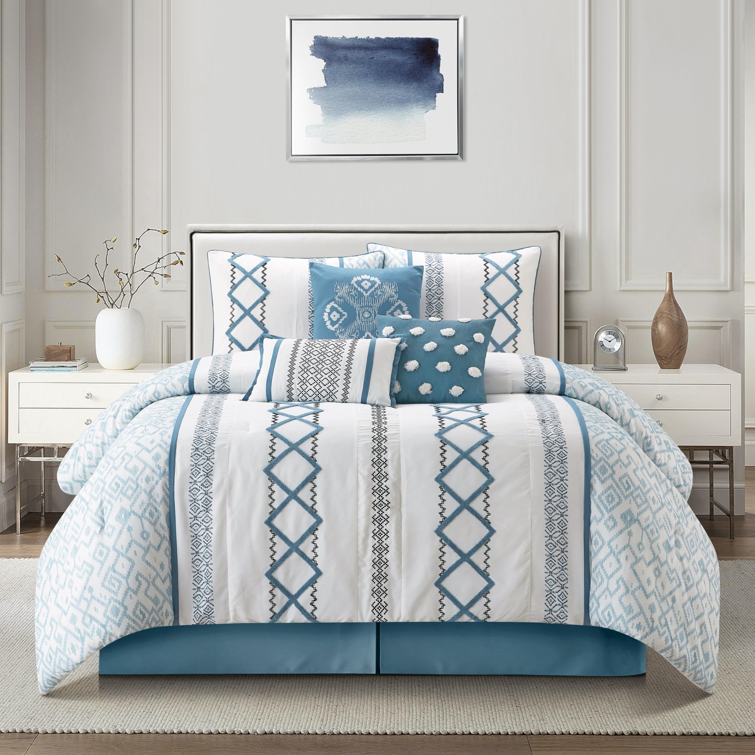 Amazon.com: Grand Avenue Blue Comforter Set King Size, 7 Piece Terry ...