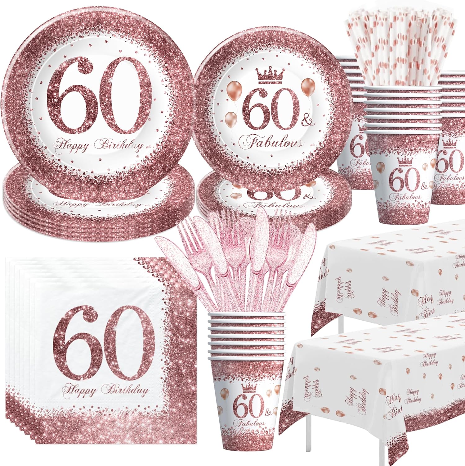 Amazon.com: Xigejob 60th Birthday Decorations Women Tableware, Rose ...