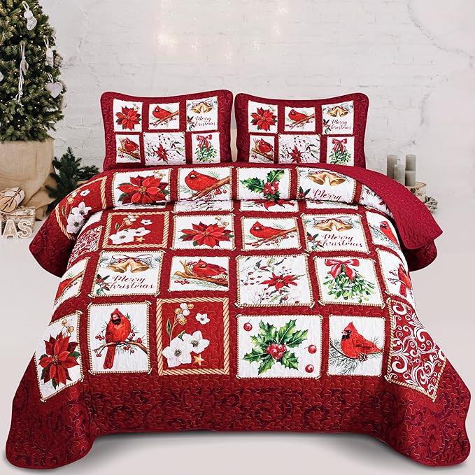 Amazon.com: Luxudecor Christmas Quilt Set King Size Cardinal Birds ...
