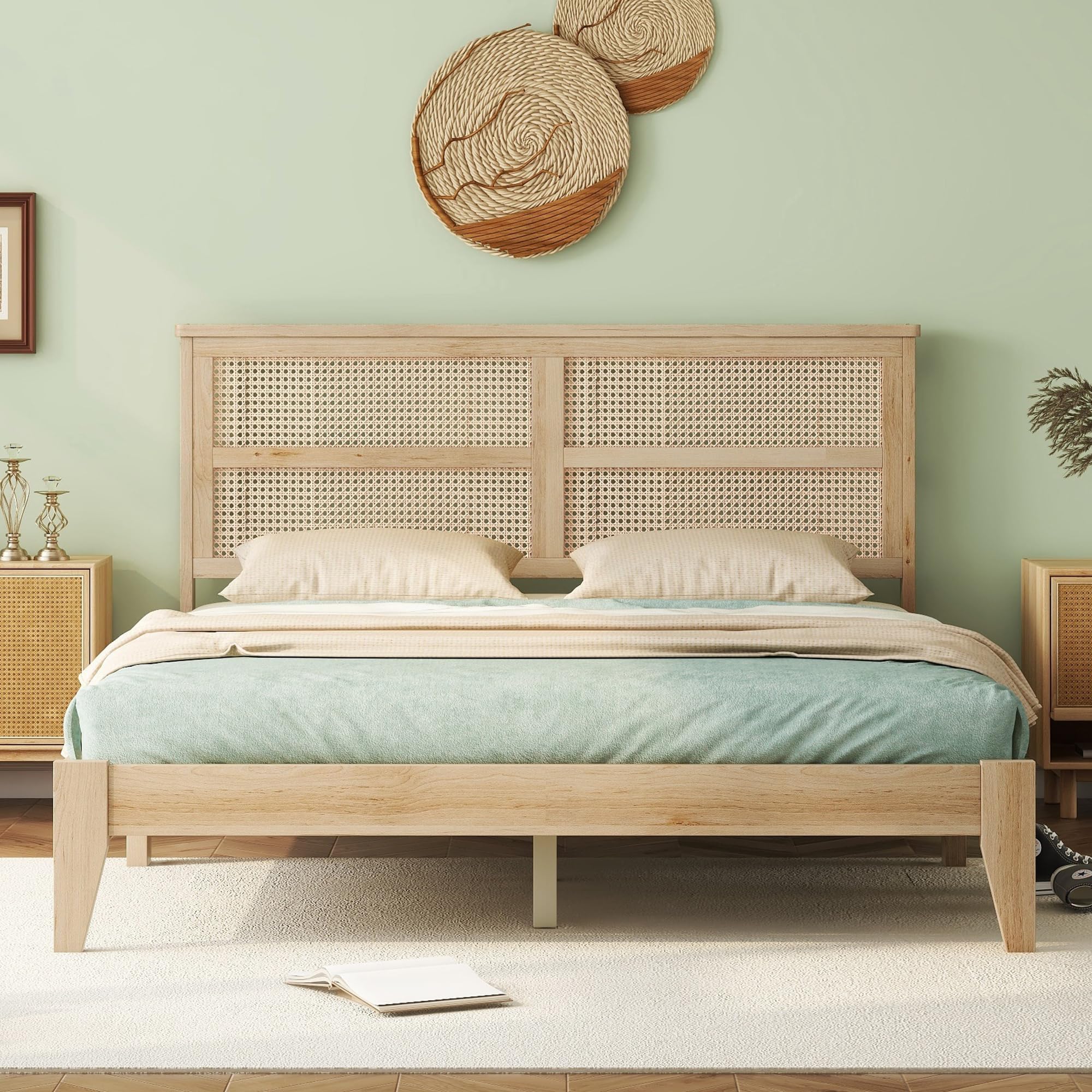 Amazon.com: JIJIWANG Queen Size Platform Bed with PE Rattan Headboard ...