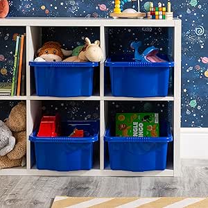 Wham Stack & Store, Pack 4 16L Blue Plastic Storage Organisation Boxes ...
