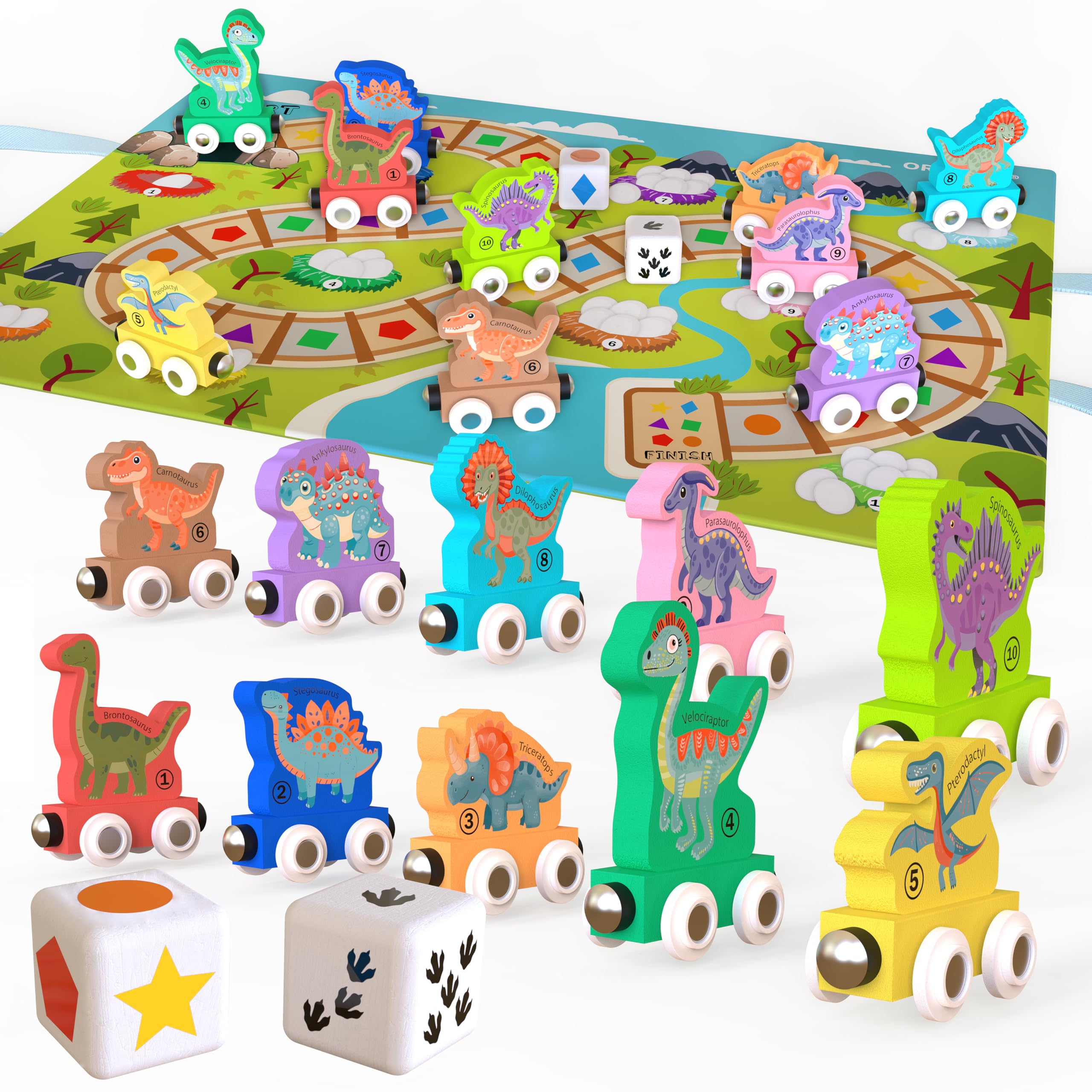 Amazon.com: ORBRIUM Play and Pack Dinosaur Wooden Train Set Learning ...