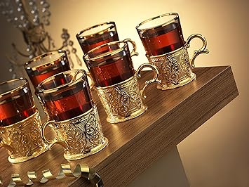 Amazon.com | 6 X Turkish Style Tea Glasses Set with Holders Spoons, XL ...